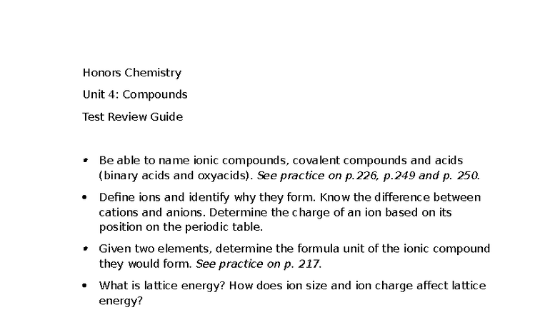 Honors Chemistry Unit 4: Compounds Test Review & Study Guide - Studocu