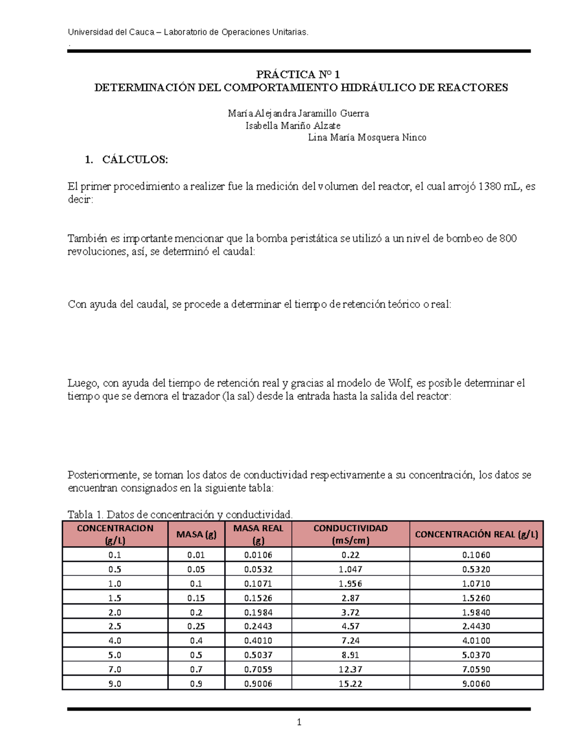 Informe 1. Reactores - PRÁCTICA N° 1 DETERMINACIÓN DEL COMPORTAMIENTO HIDRÁULICO DE REACTORES ...