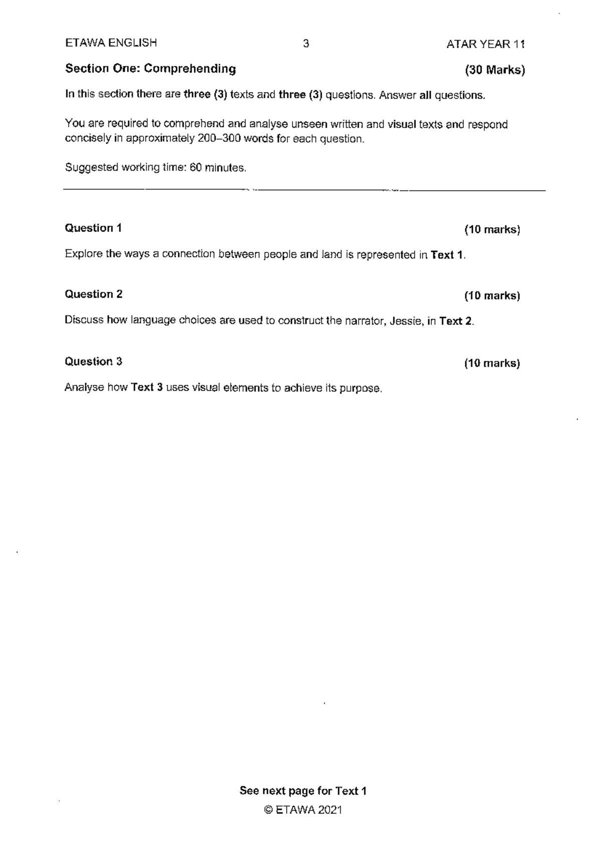 ETAWA ENGLISH 3 ATAR YEAR 11 Section One Exam Paper Analysis - Studocu