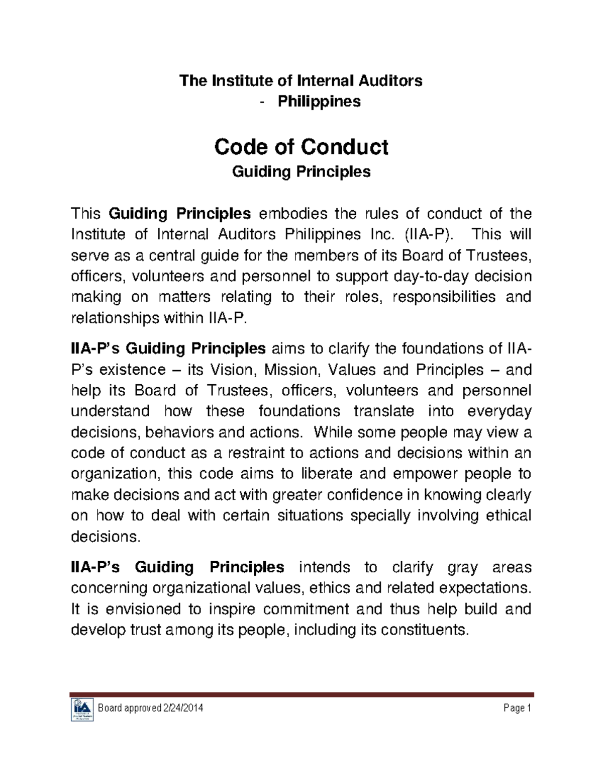 IIA-P Code of Conduct: Guiding Principles for Ethical Leadership - Studocu