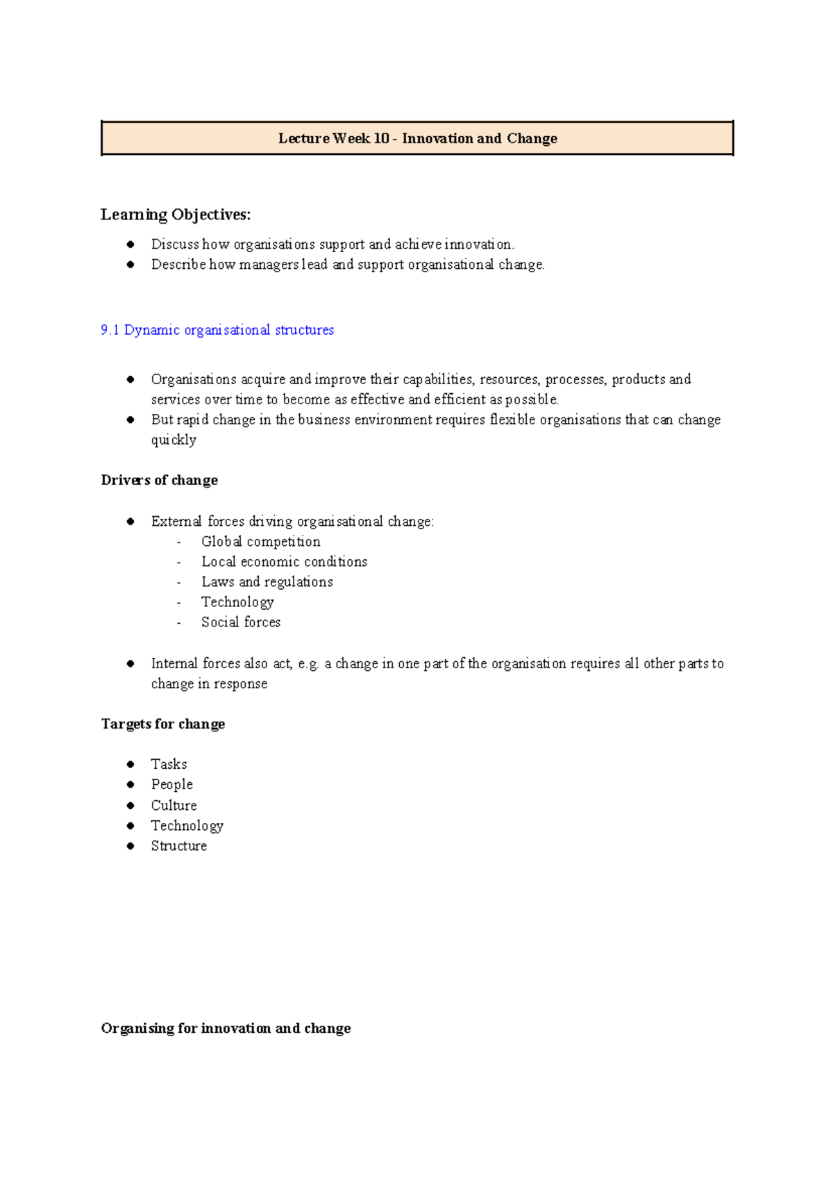 Lecture Week 10 - Innovation and Change - Describe how managers lead ...
