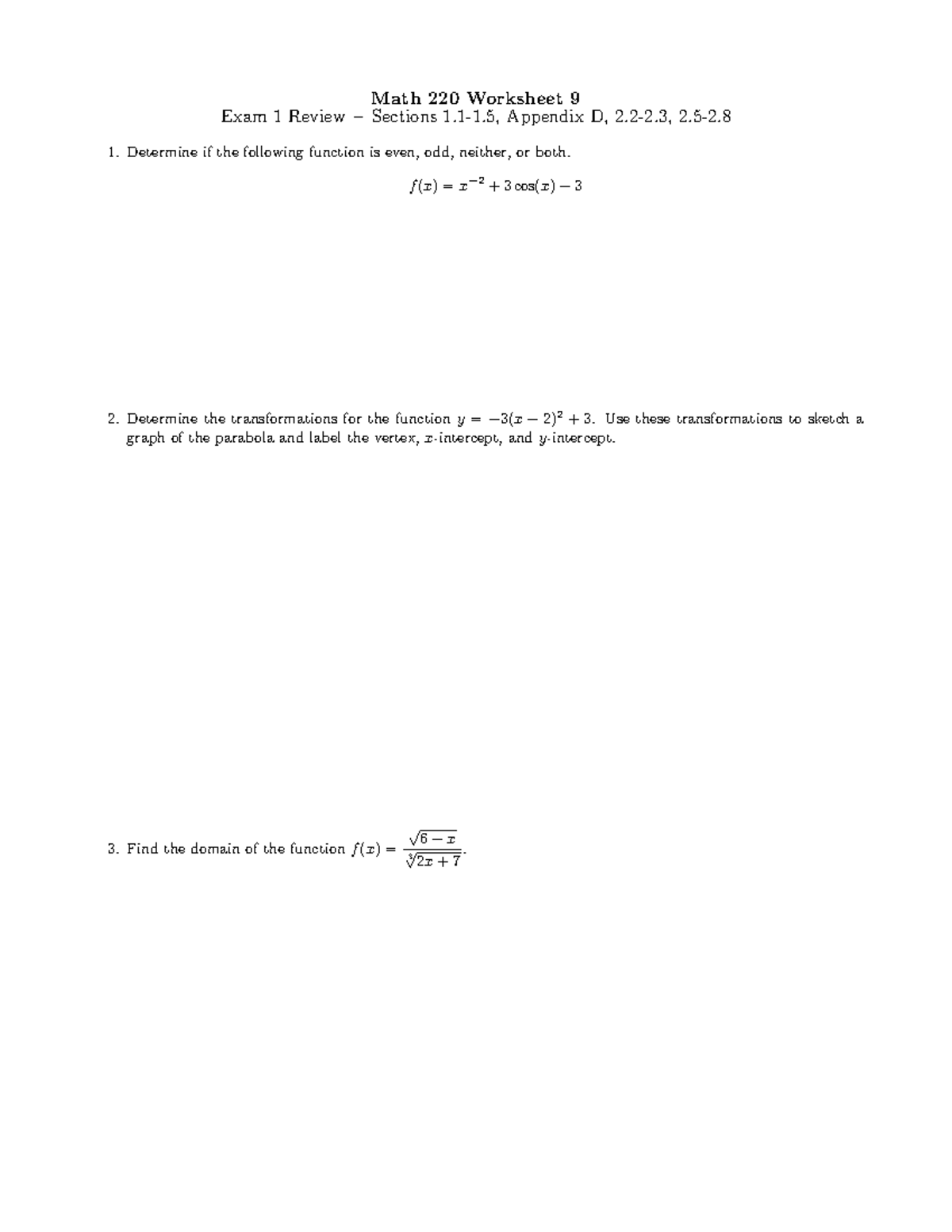 Math 220 WS09 Exam 1 Review: Functions, Limits, and Graphs - Studocu