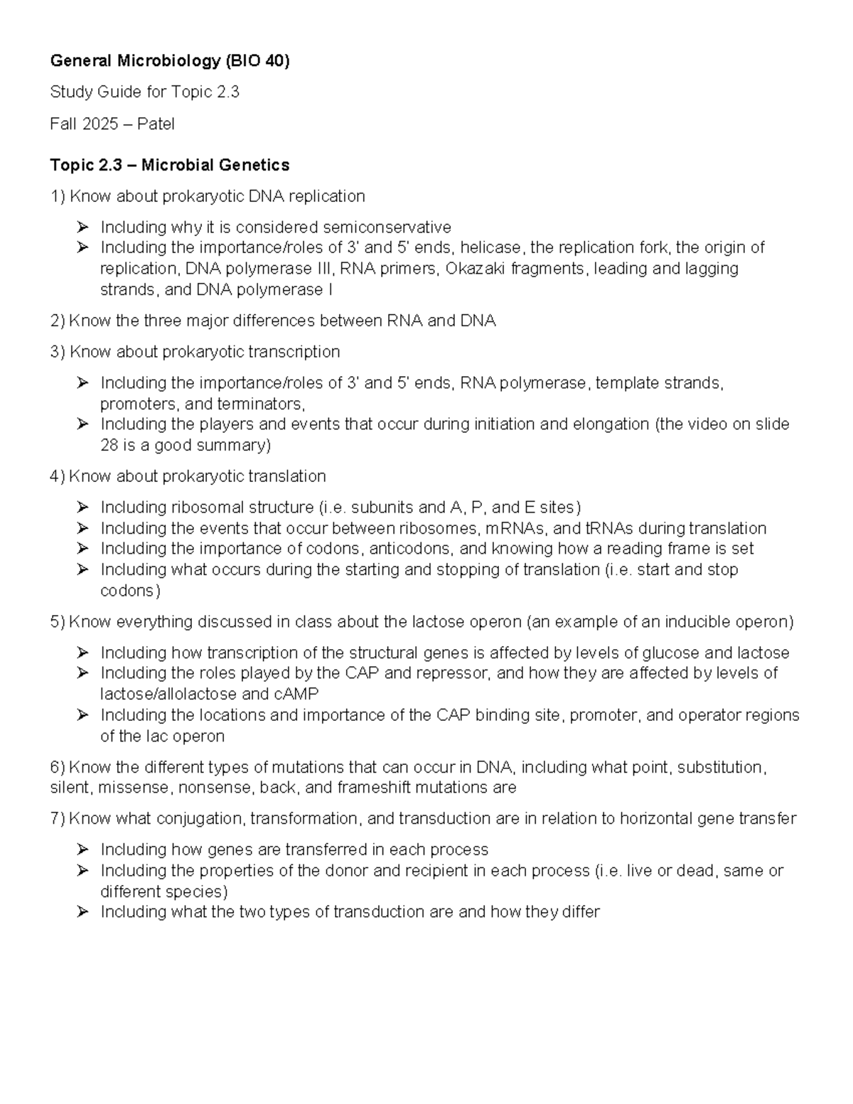 Study Guide for Microbial Genetics (BIO 40) - Topic 2.3 Fall 2025 - Studocu