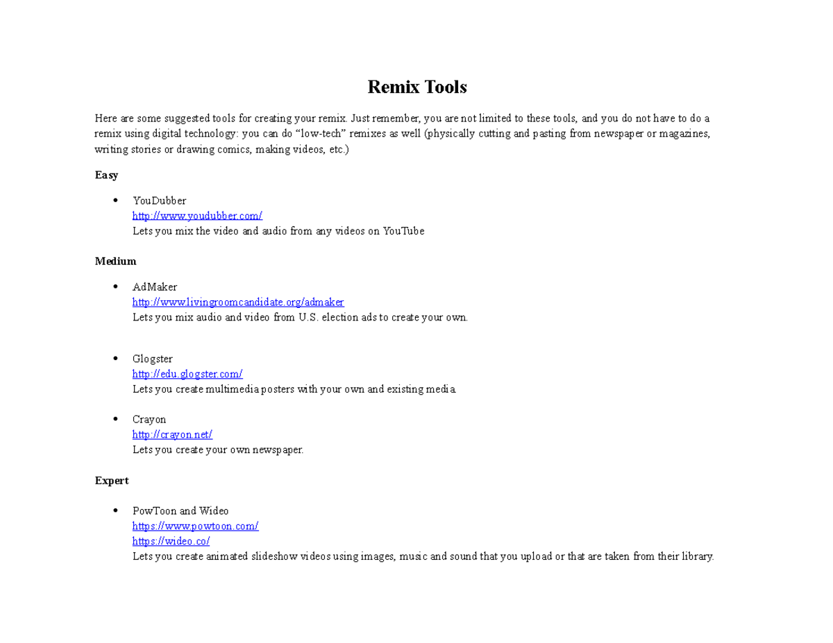 Remix Tools for assignment - Remix Tools Here are some suggested tools ...
