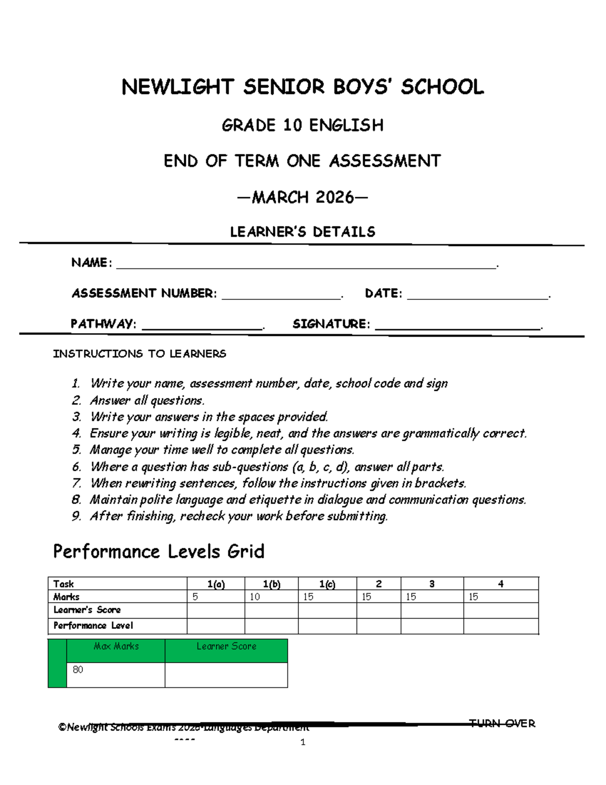 Grade 10 English End of Term 1 Assessment Details 2026 - Studocu