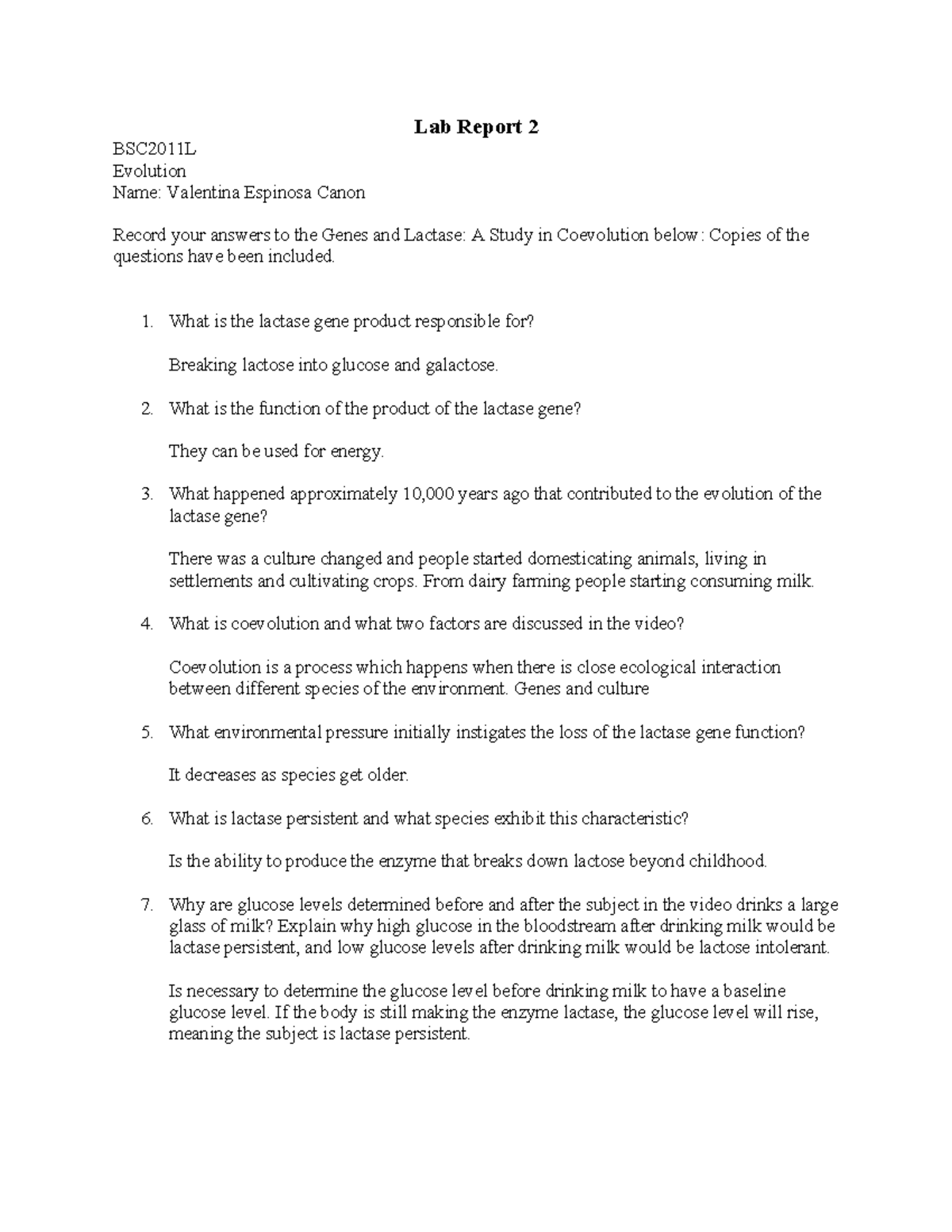 BSC2011L Module 2 Lab Report on Lactase Gene and Coevolution - Studocu