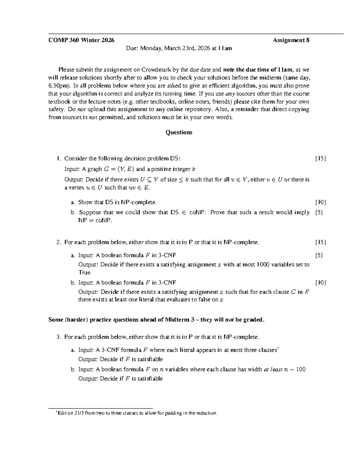 COMP 360 Winter 2026 Assignment 8: Due March 23, 2026 at 11am - Studocu