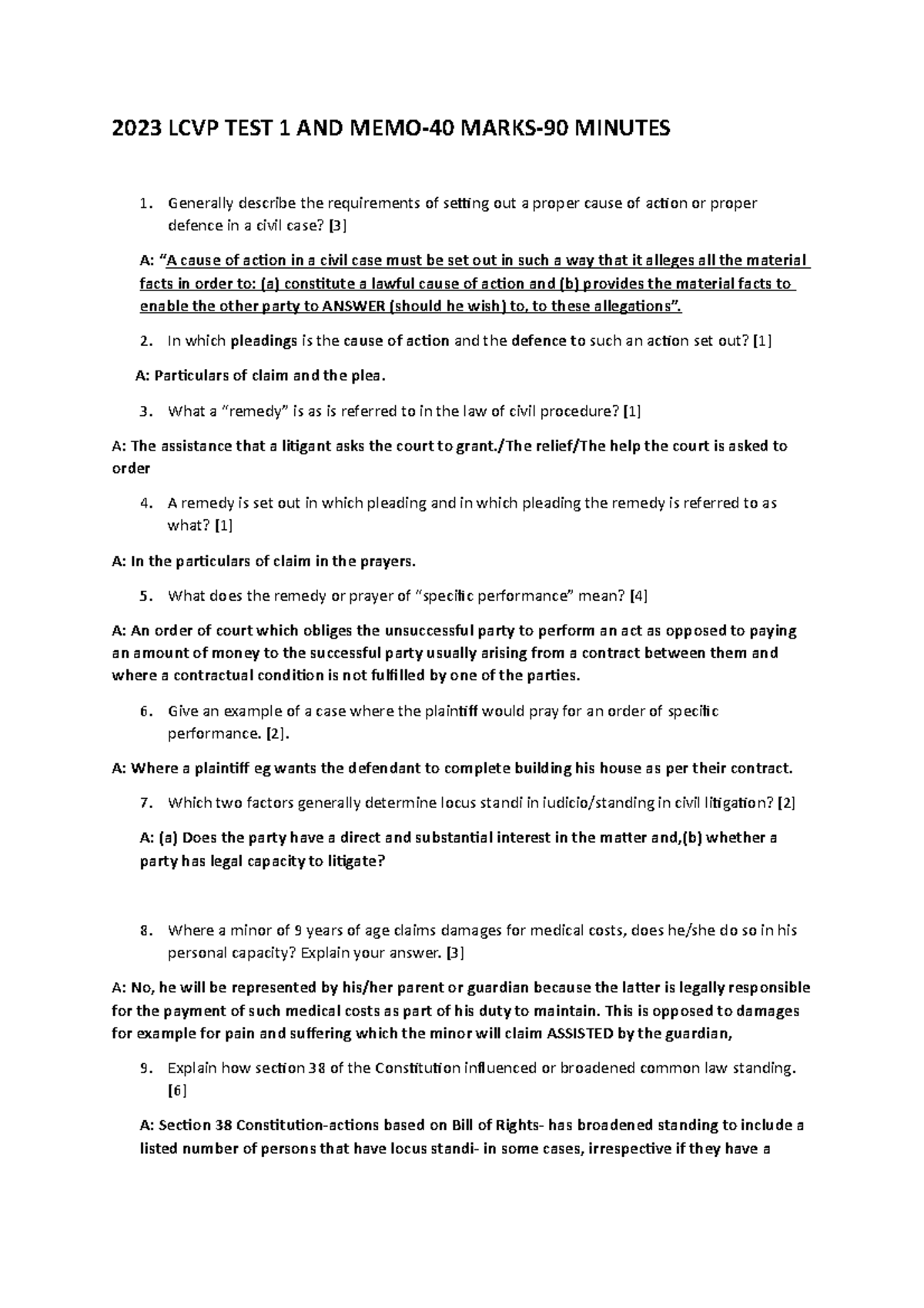 LCVP 2023 TEST 1 MEMO: Civil Procedure Insights and Analysis - Studocu