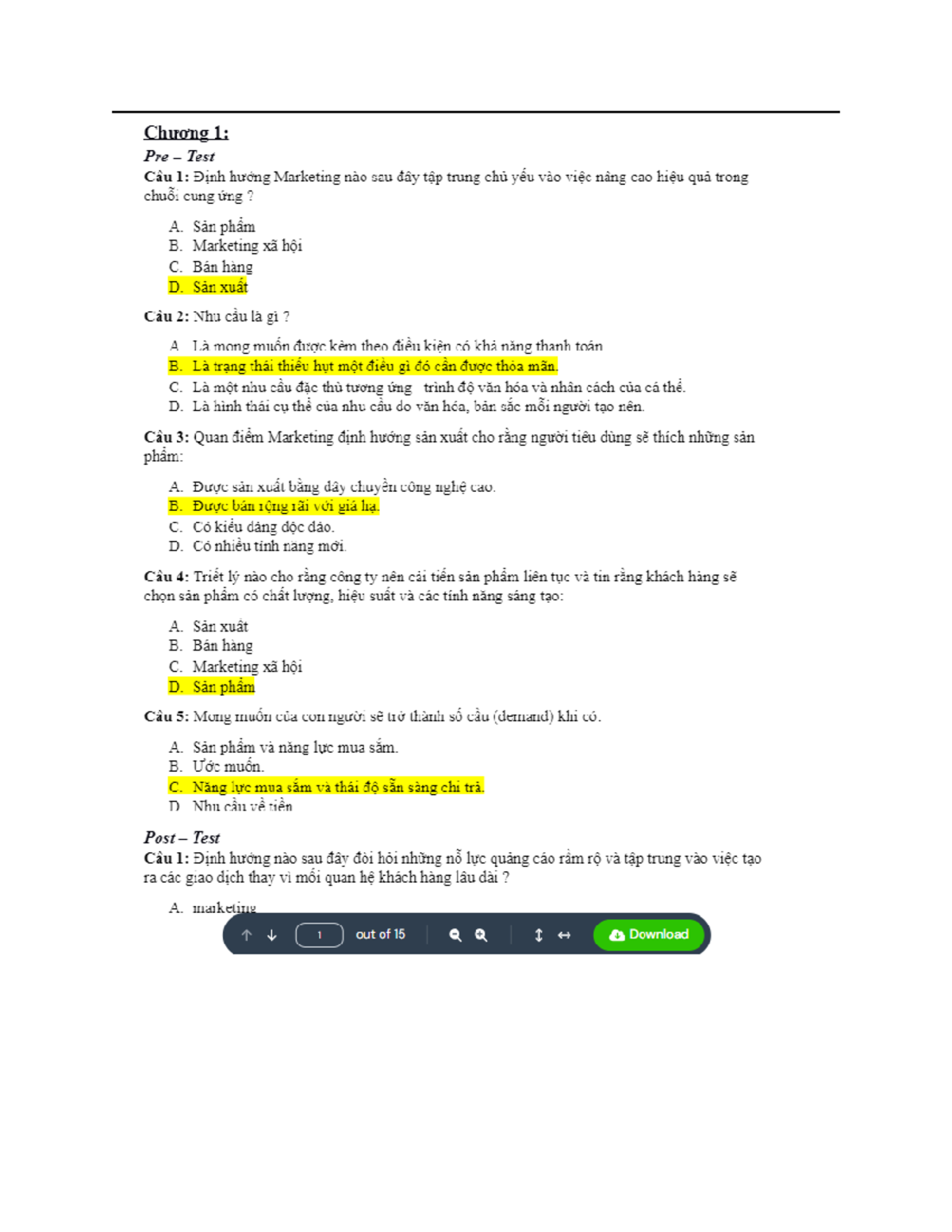 BT test trên elearning (BÀI MẪU THAM KHẢO) - Chuong 1: Pre Test Câu 1 ...
