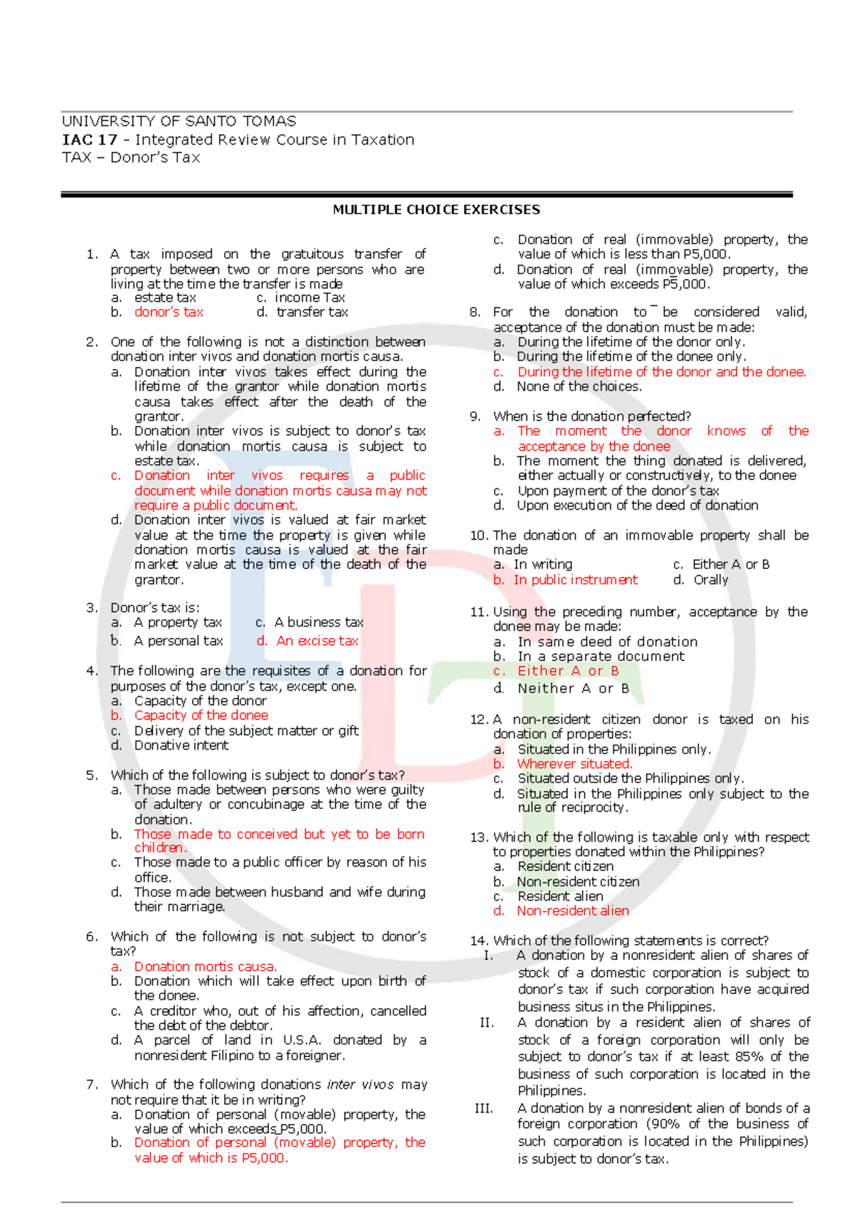 IAC 17 Final Exam: Donor's Tax Multiple Choice Exercises Answers - Studocu
