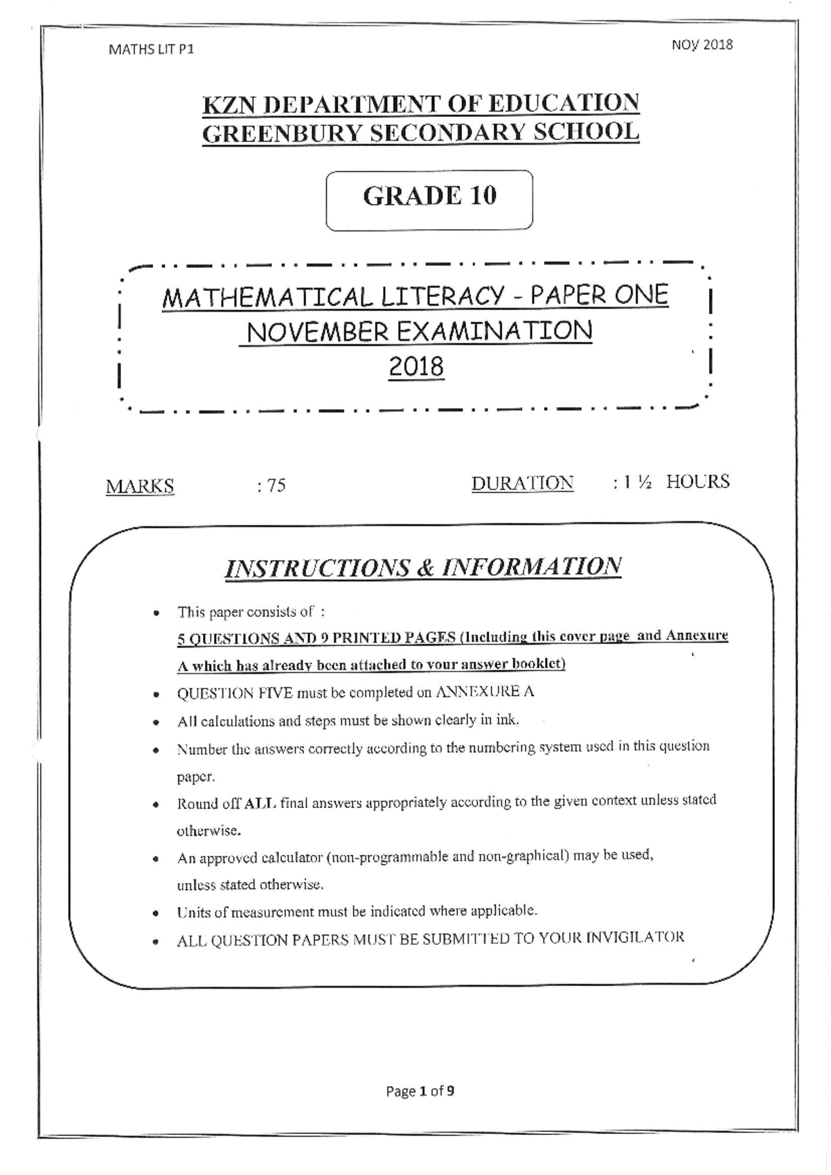 MATH LIT G10 P1 NOV 2018 EXAMINATION MARKING MEMO - Studocu