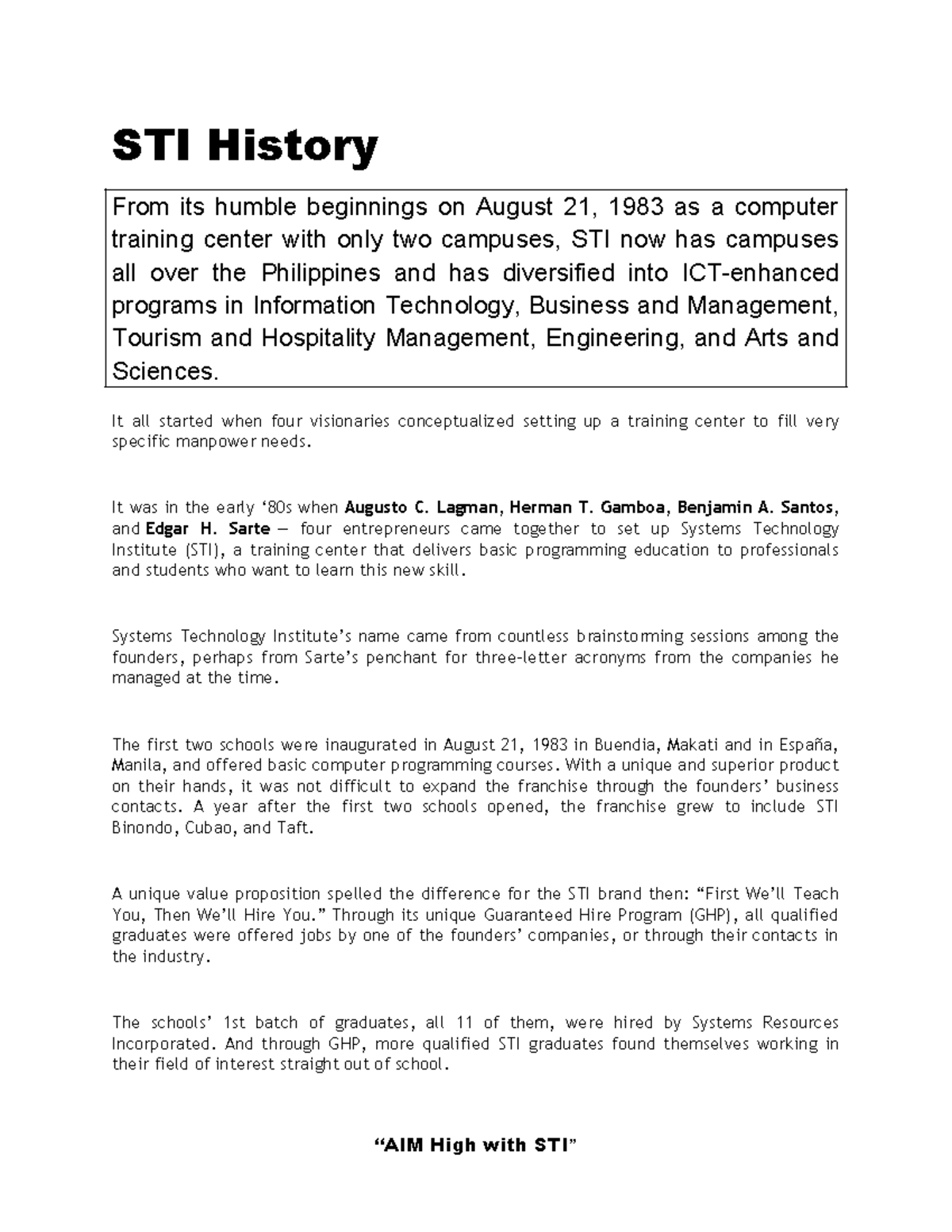 STI History: From Training Center to Educational Leader - Studocu