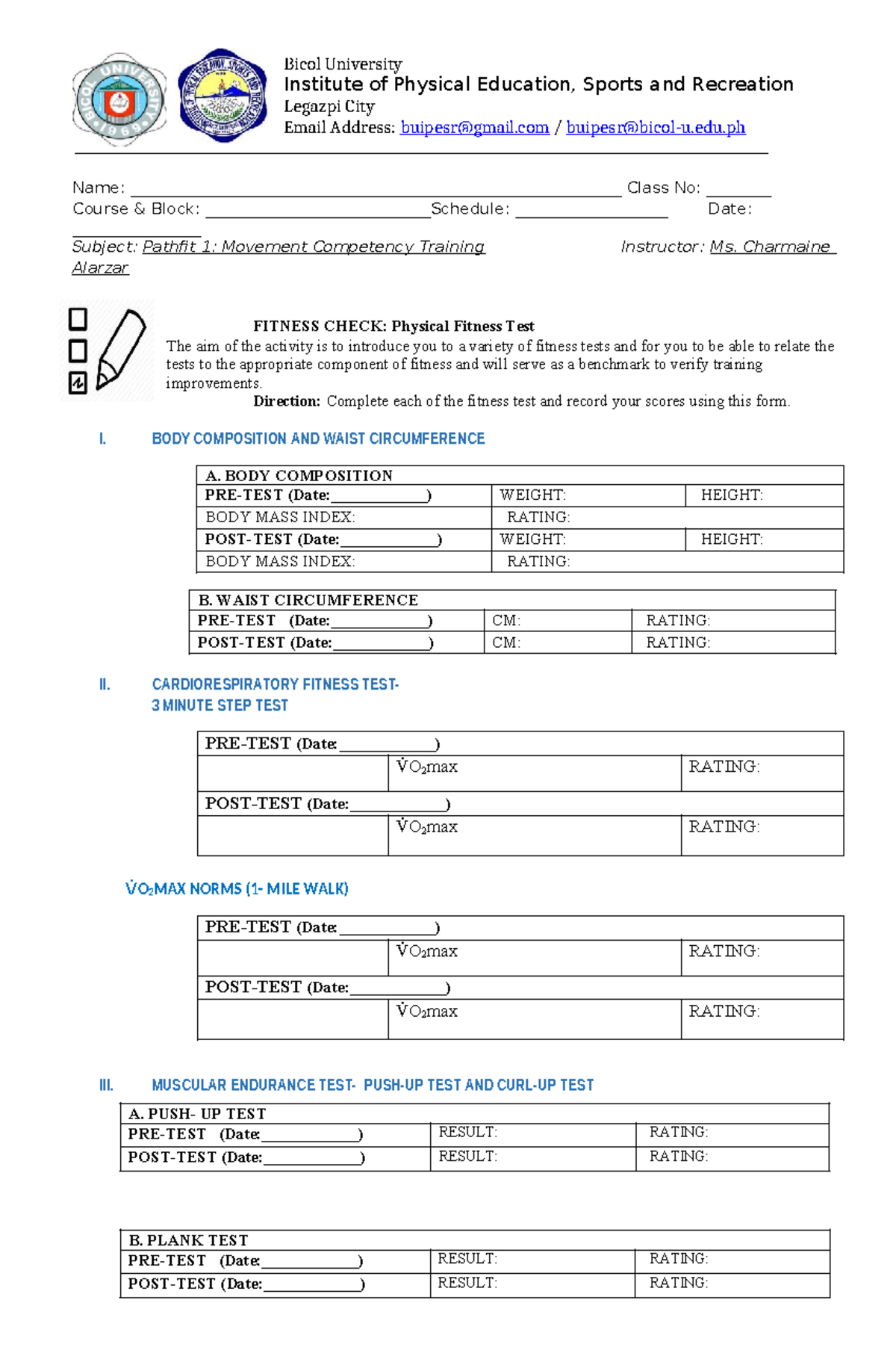 Pathfit 1: Physical Fitness Test Sheet and Scores - Studocu