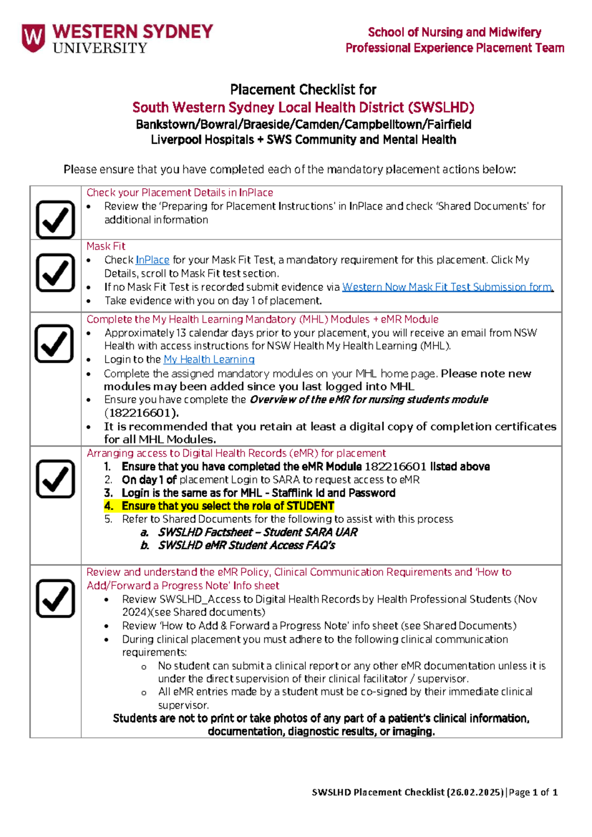 SWSLHD Placement Checklist for Nursing Students (Feb 2025) - Studocu
