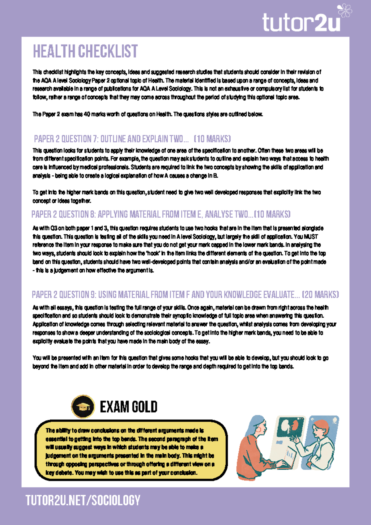 AQA A Level Sociology Paper 2 Health Revision Checklist - Studocu