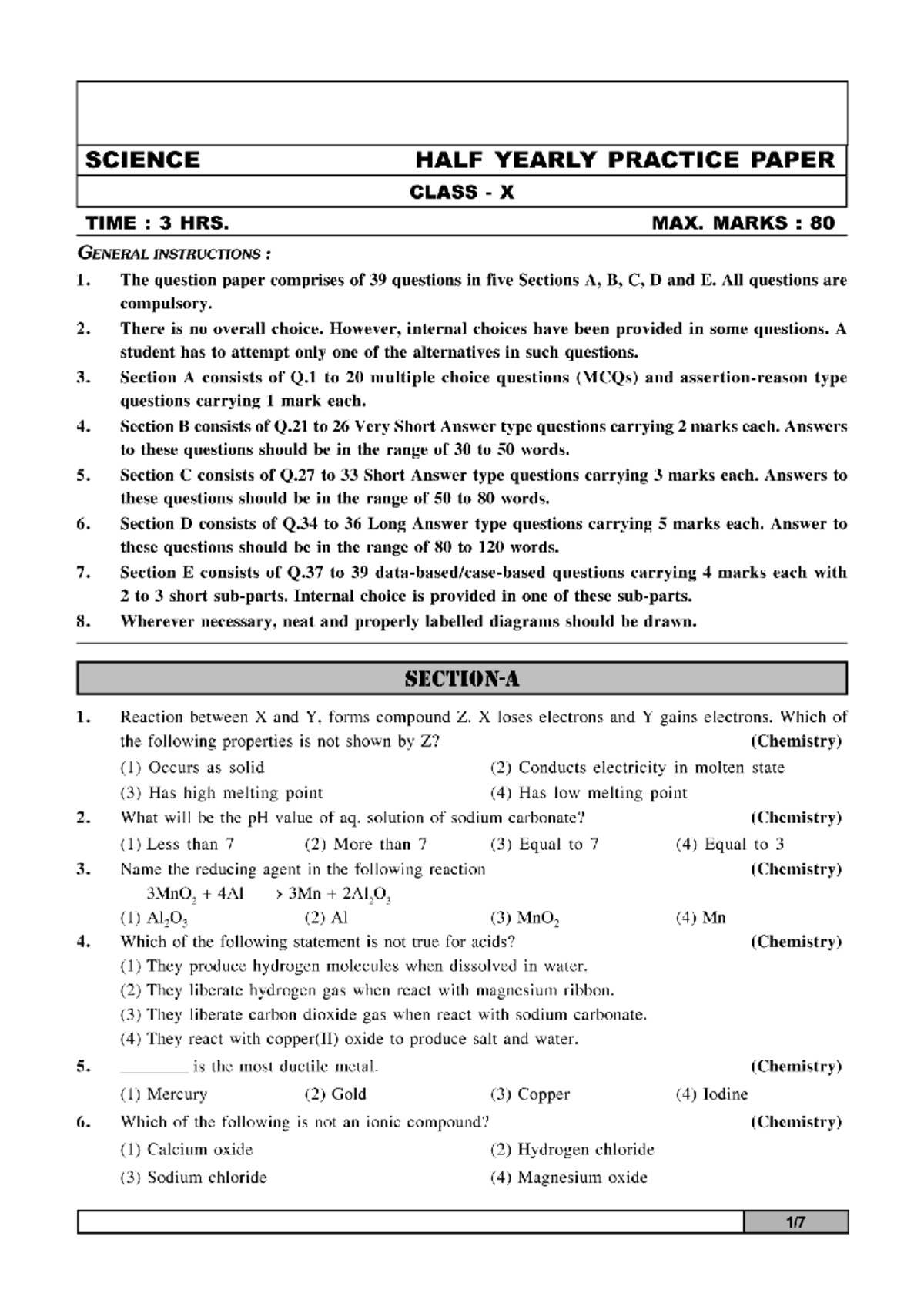 SCIENCE HALF YEARLY PRACTICE PAPER CLASS X - 3 HRS, 80 MARKS - Studocu