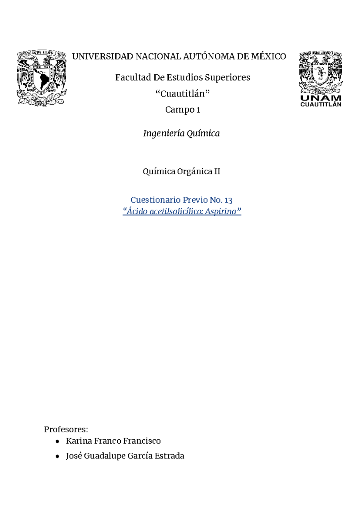 P13 QOII - Cuestionario Previo sobre Ácido Acetilsalicílico - Studocu