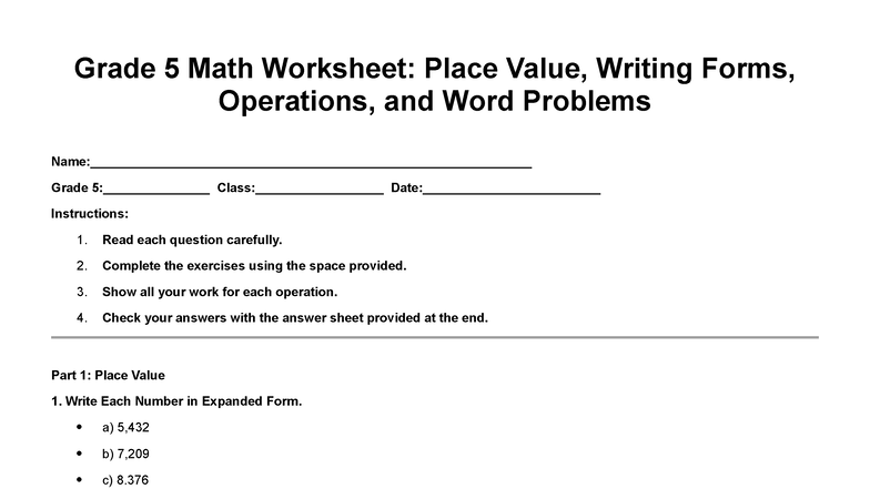 Grade 5 Math Worksheet: Place Value & Operations Exercises - Studocu