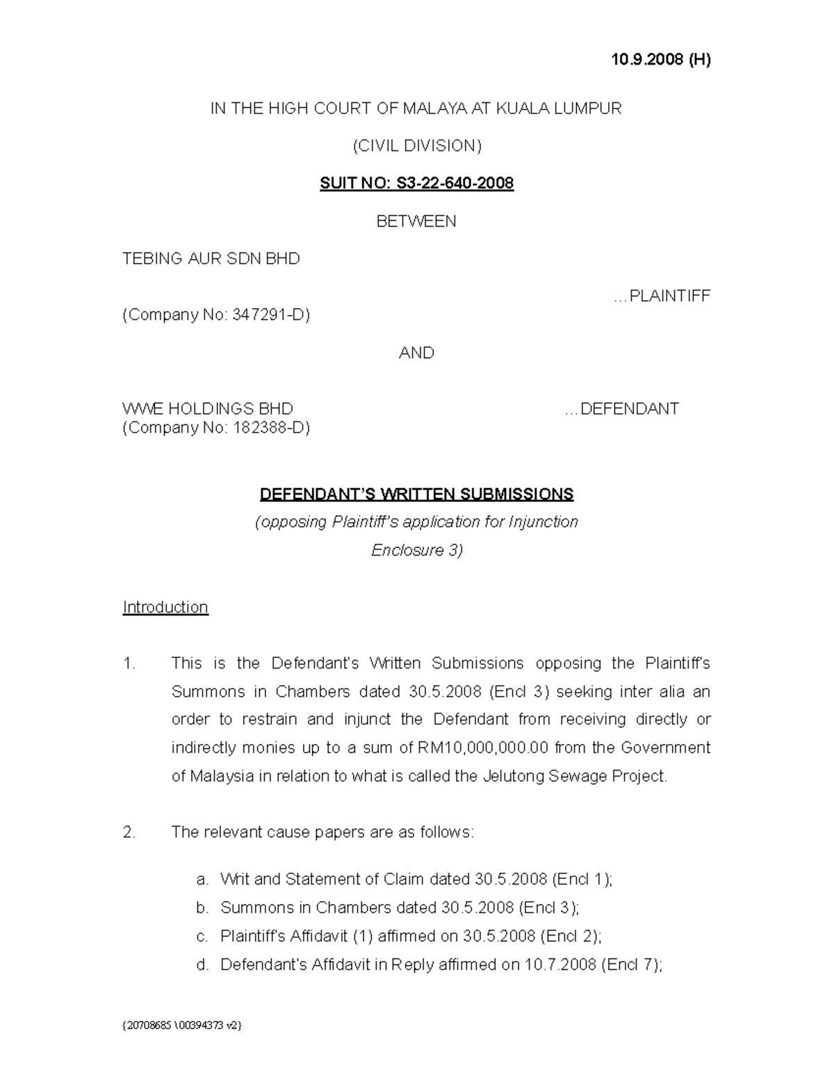 Defendant's Written Submission on Mareva Injunction - Suit S3-22-640 - Studocu