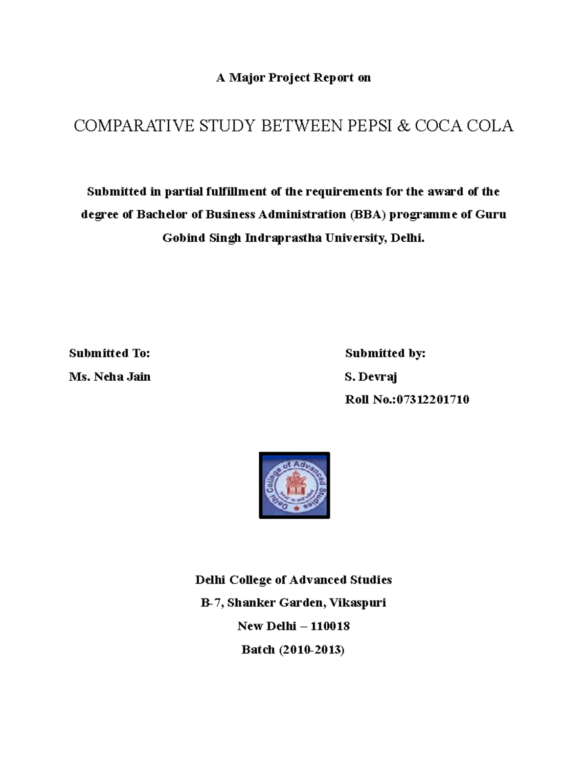 Comparative Study Project Report: Pepsi vs Coca Cola (BBA) - Studocu
