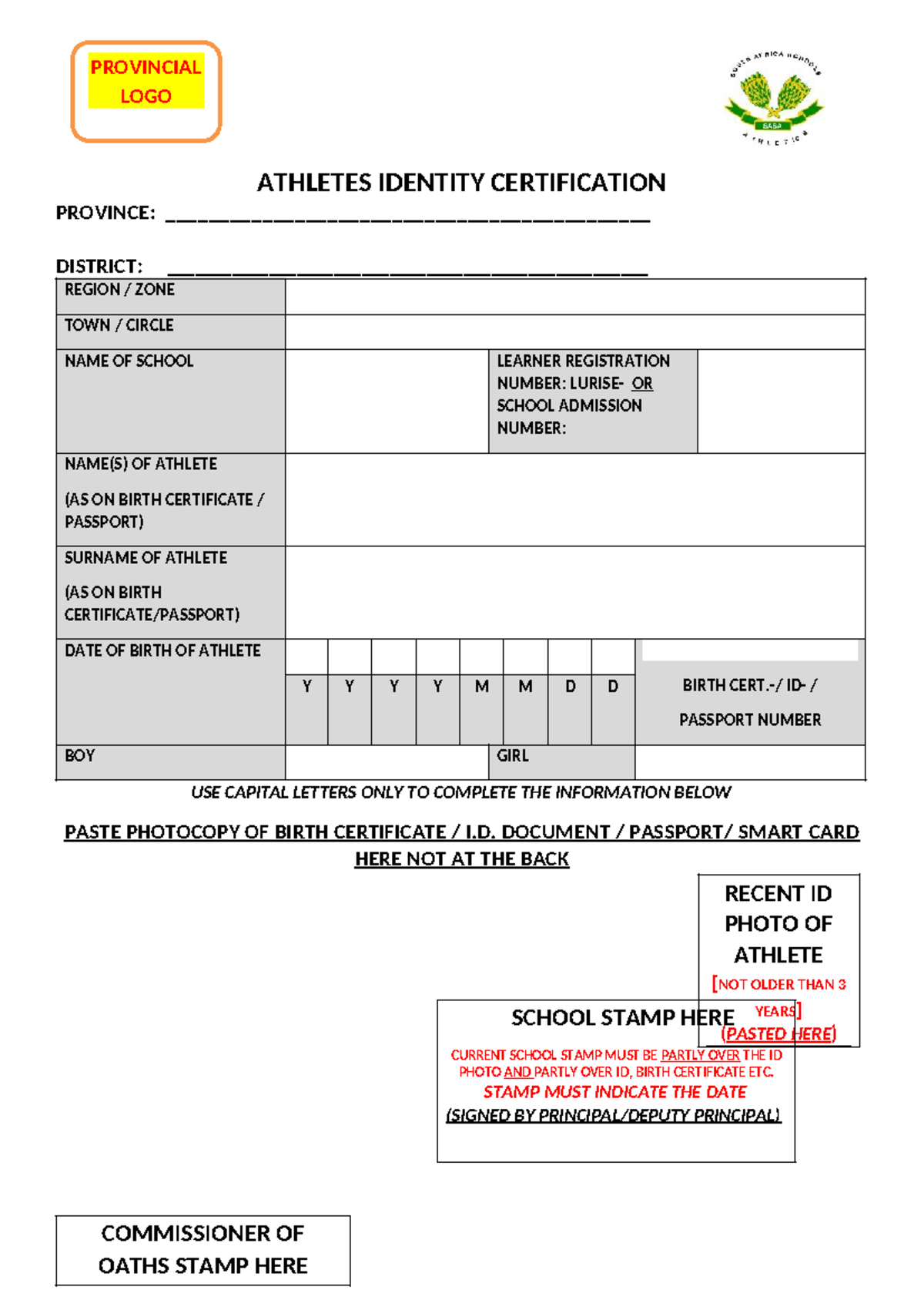 SASA ID Verification Template for Athletes Certification - Studocu