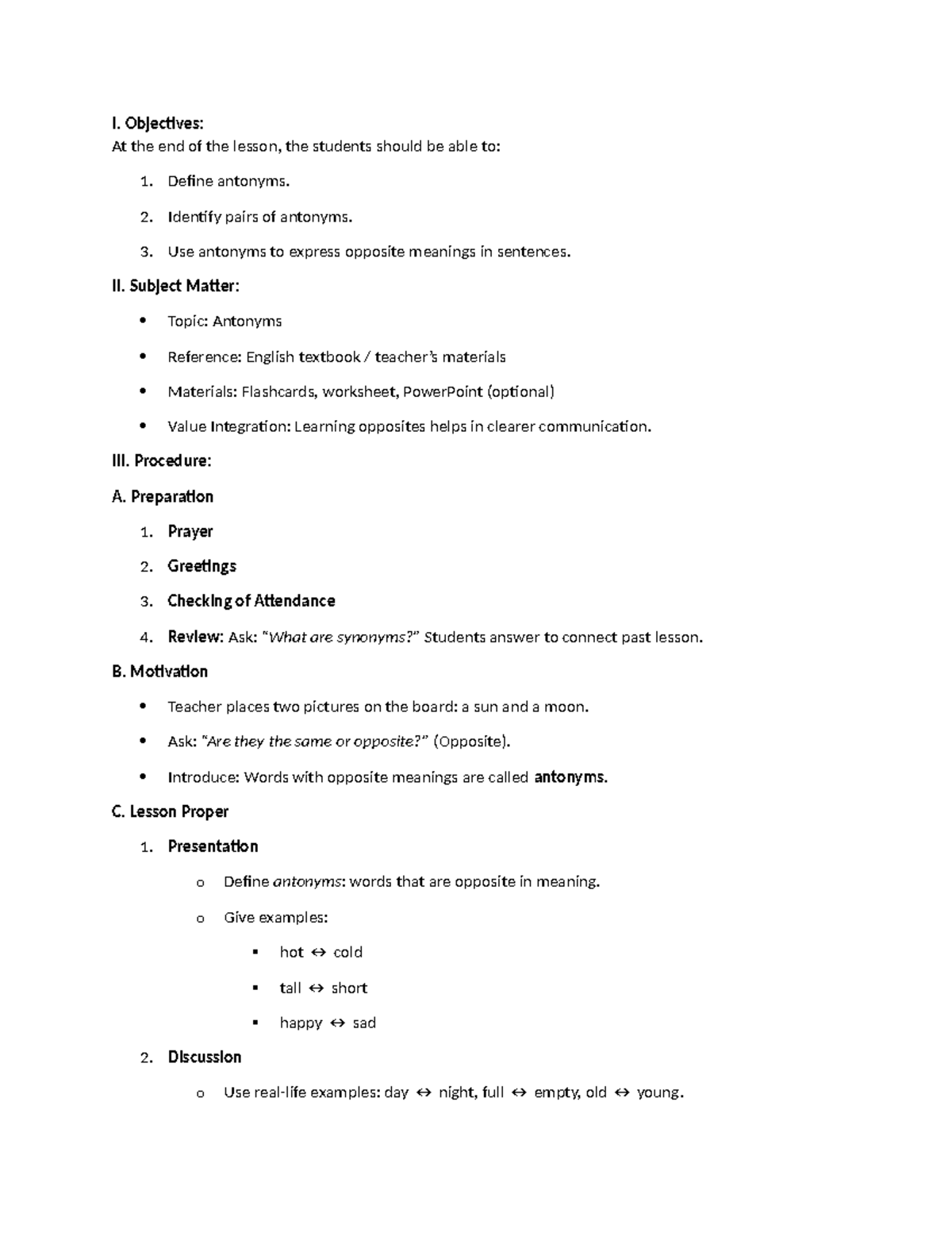 Antonyms Lesson Plan: Objectives & Activities - Studocu