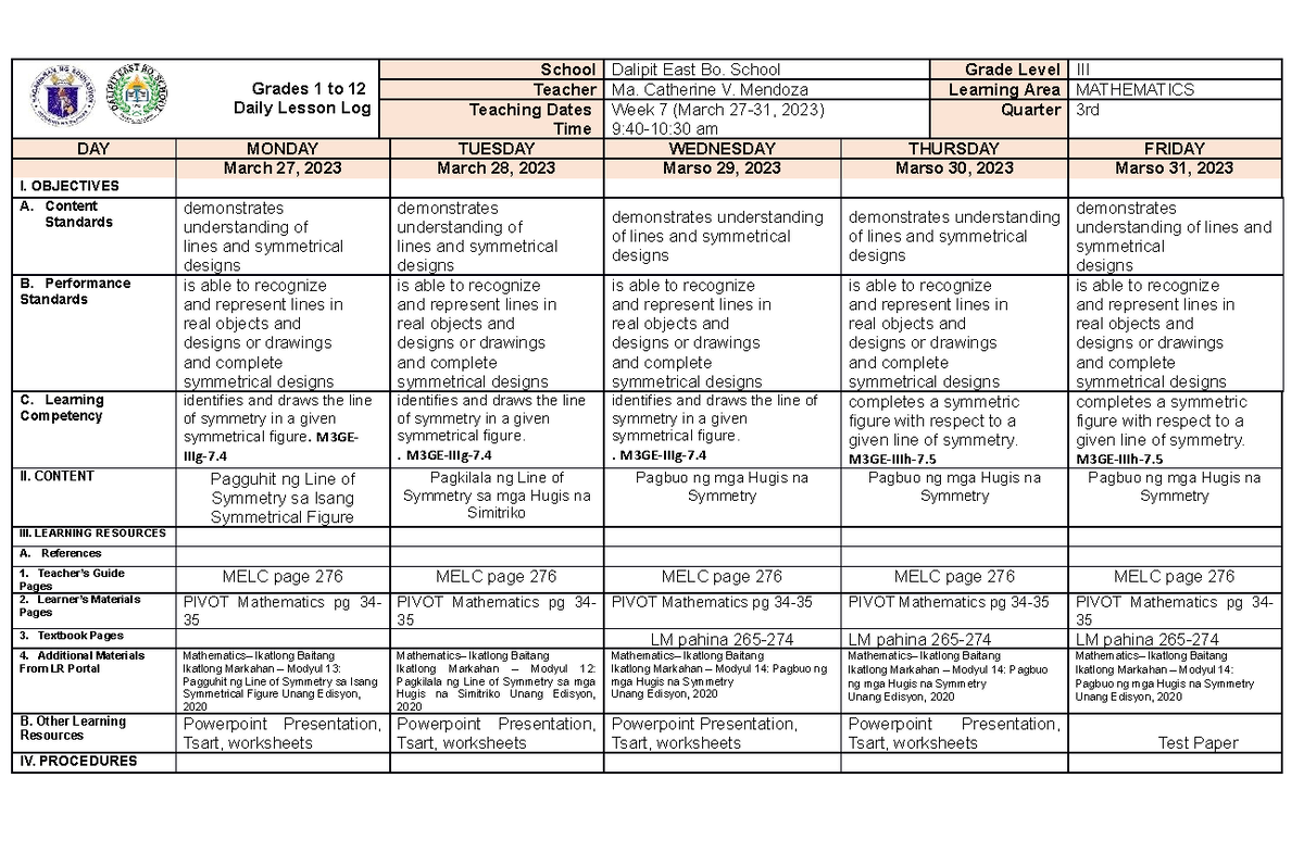 DLL- Mathematics-Q3-WEEK 7 - Grades 1 to 12 Daily Lesson Log School ...