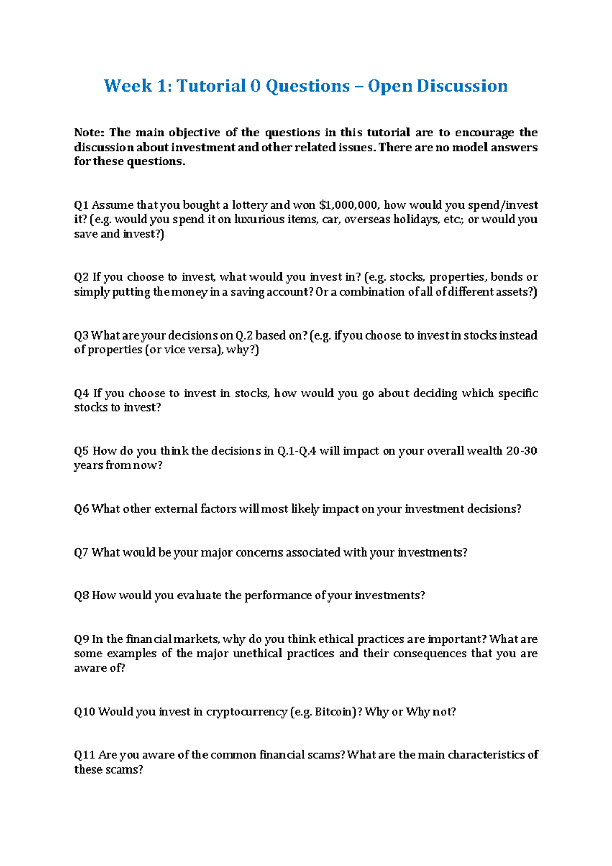 BFC5935 - Week 1 Tutorial 0 Investment Discussion Questions - Studocu