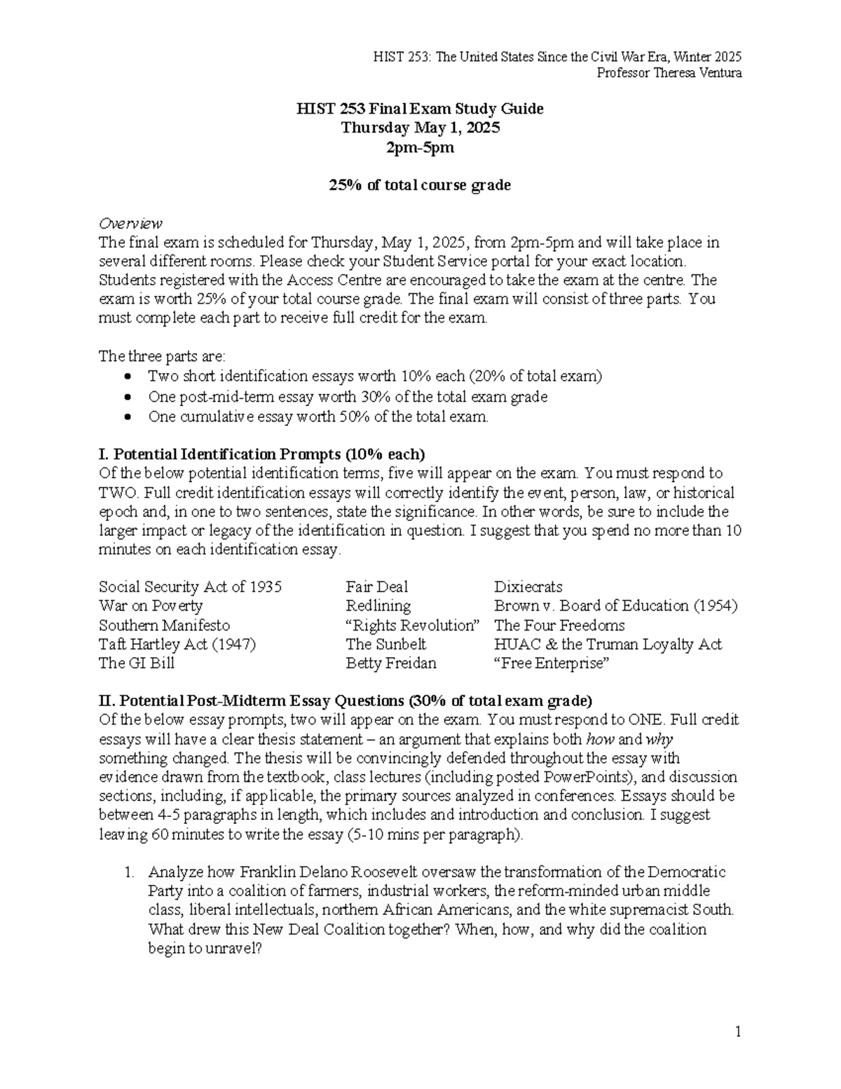HIST 253 Final Exam Study Guide (2025) - HIST 253: The United States ...