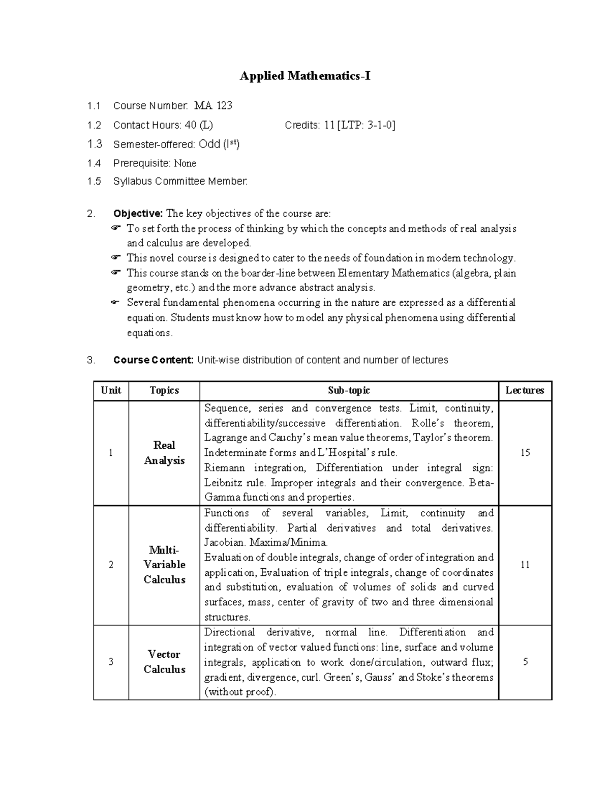 MA 123 Applied Mathematics-I Course Overview and Syllabus - Studocu