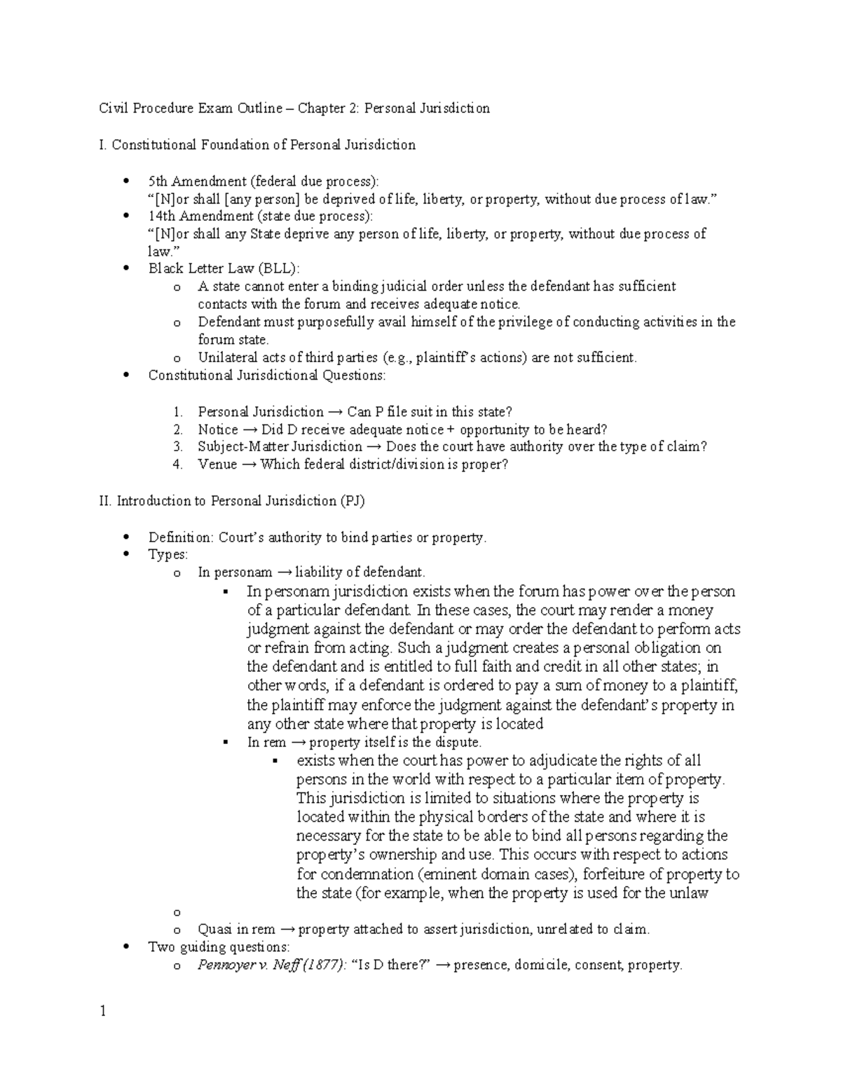 Civil Procedure Exam Outline: Chapter 2 - Personal Jurisdiction - Studocu