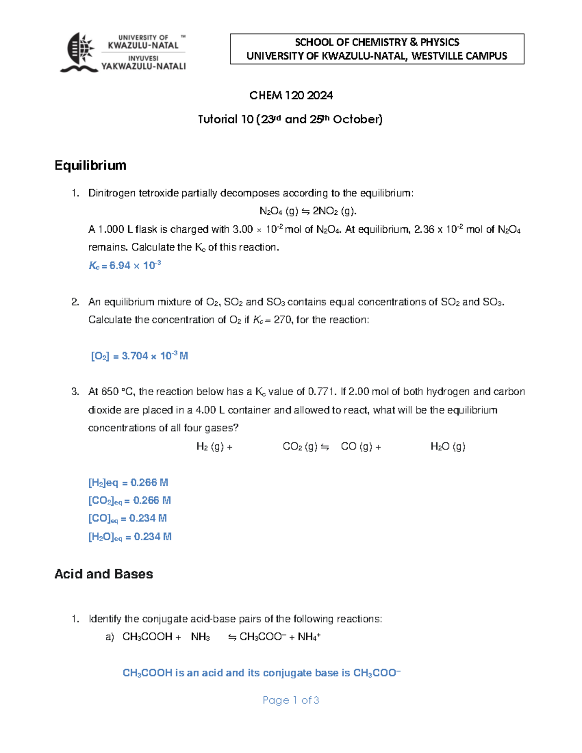 Tutorial 10 Answers - SCHOOL OF CHEMISTRY & PHYSICS UNIVERSITY OF ...
