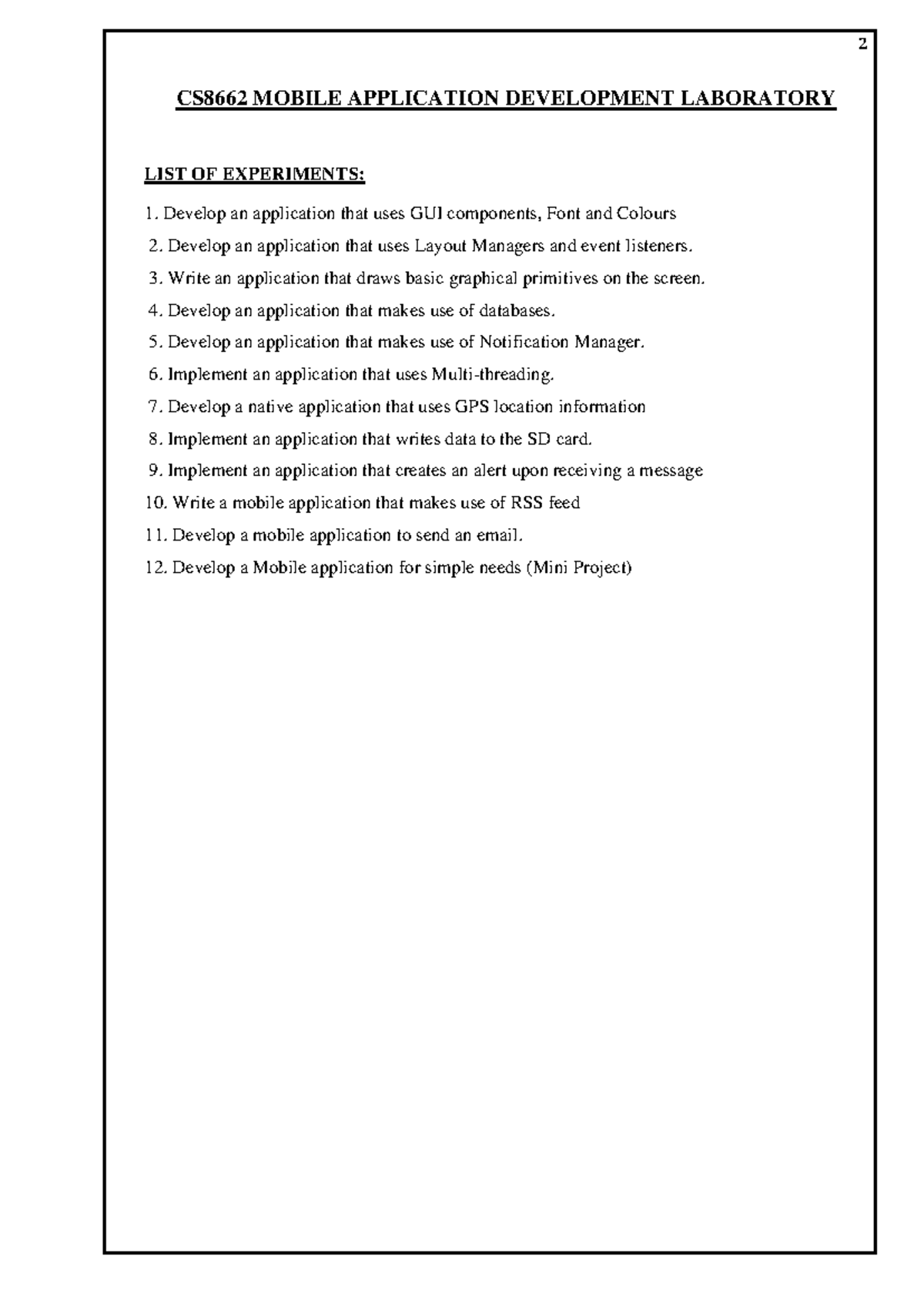 CS8662 Mobile Application Development Lab: List of Experiments and ...