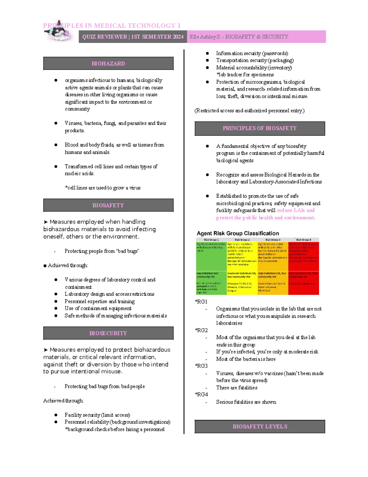 BIOSECURITY AND SAFETY LECTURE REVIEWER 1ST SEMESTER 2024 - Studocu