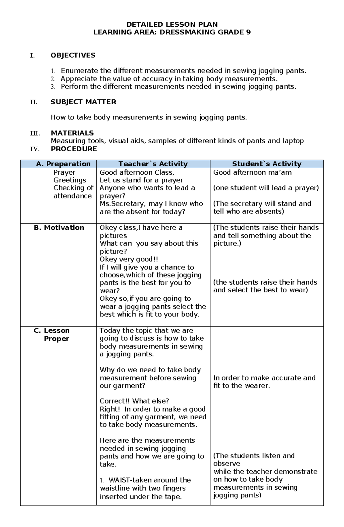 Detailed Lesson Plan for Dressmaking: Grade 9 Measurements - Studocu