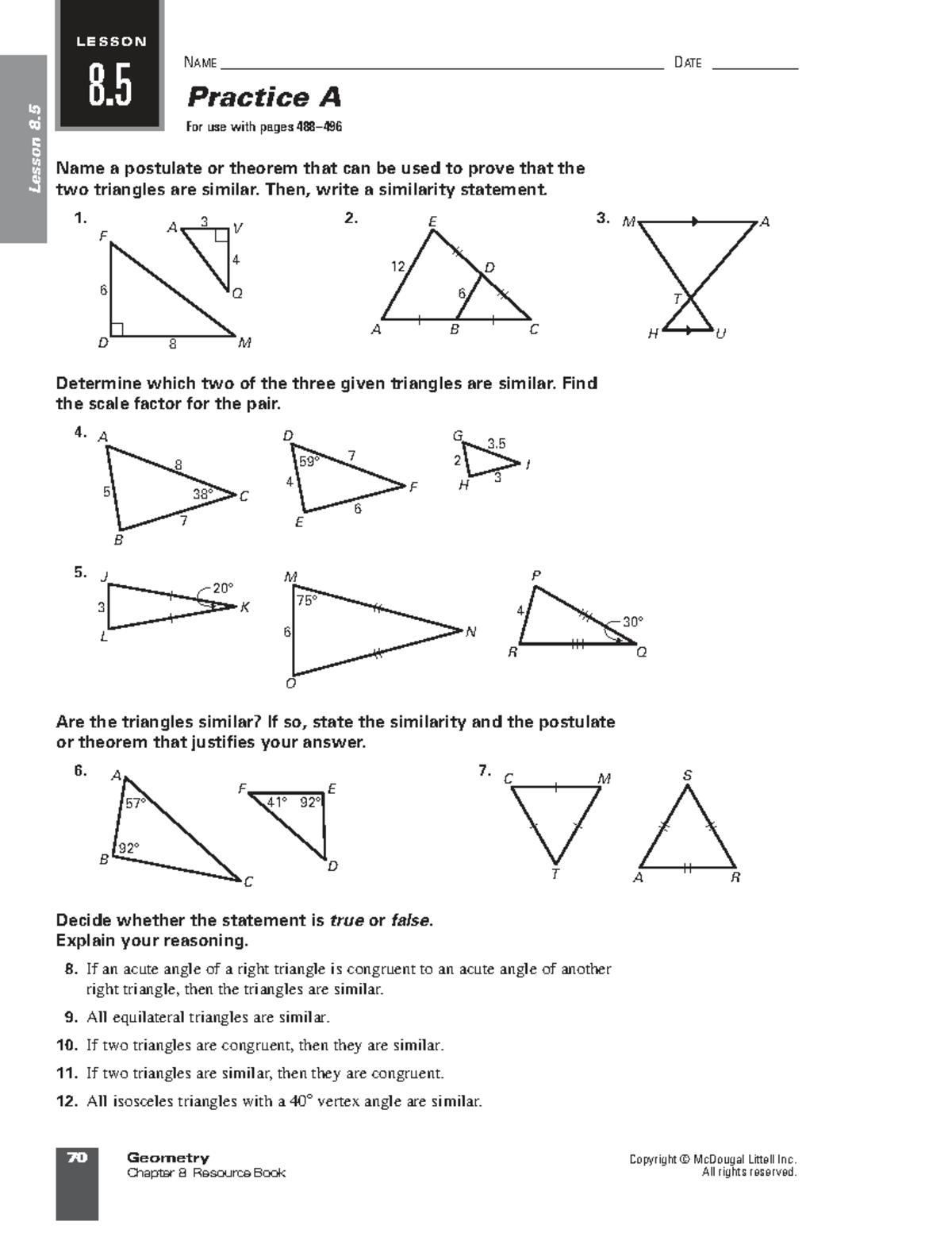 Lesson 8.5 Similarity Worksheet: Proving Triangle Similarity - Studocu