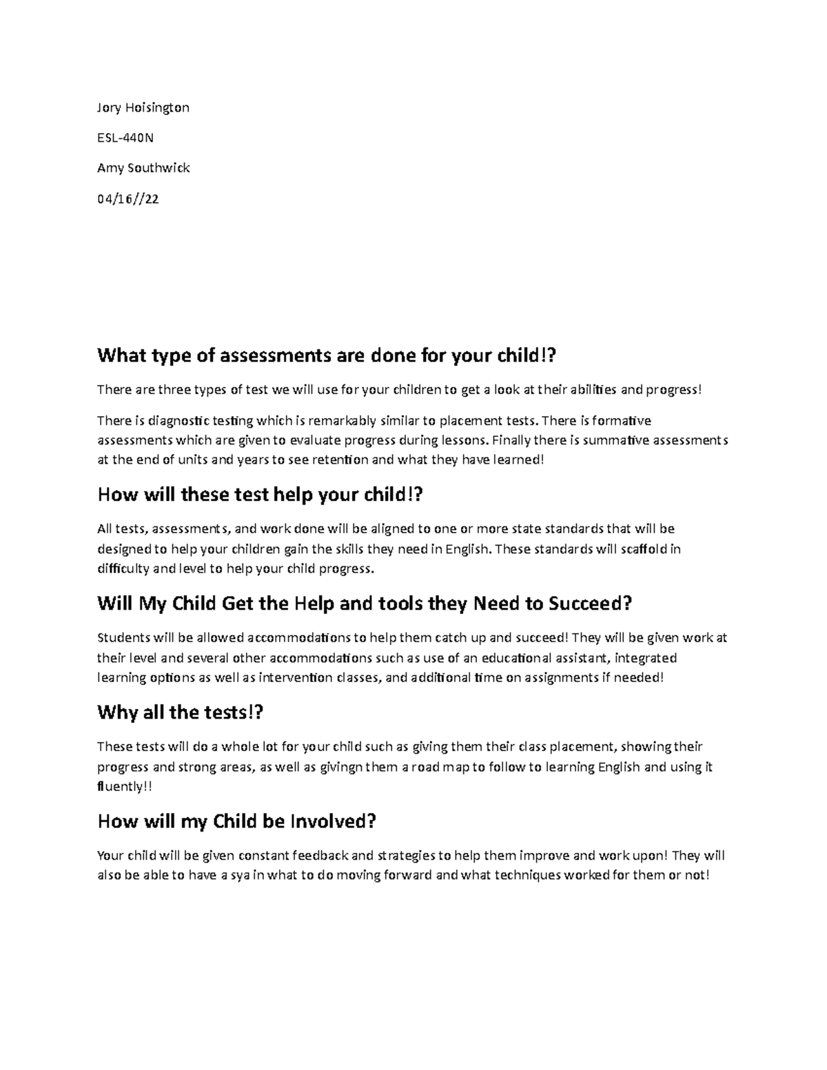 ESL-440N Week 2 Assignment: Understanding Assessments for Children ...