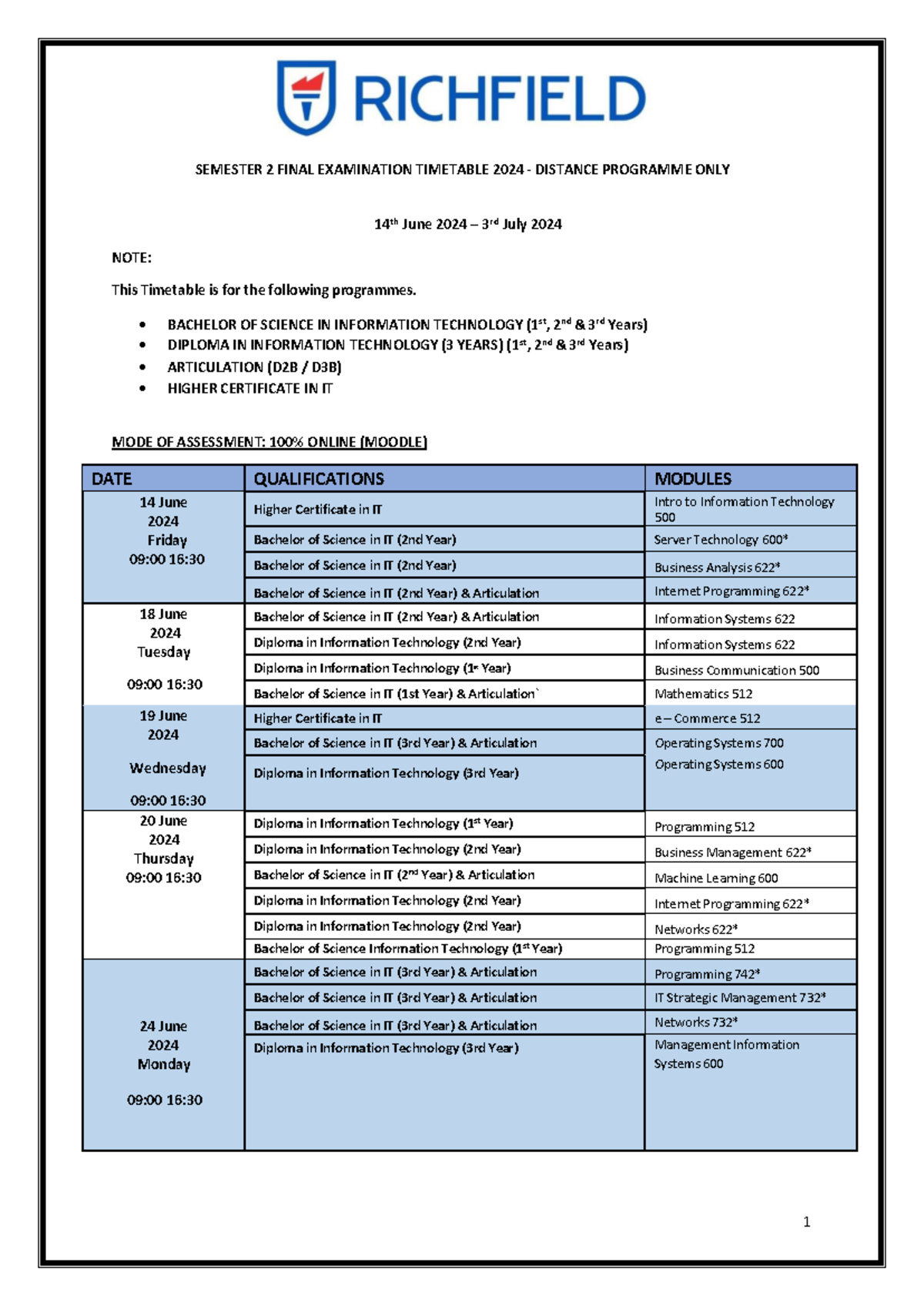 Semester 2 Final Exam Timetable (IT) - Distance Programme 2024 - Studocu