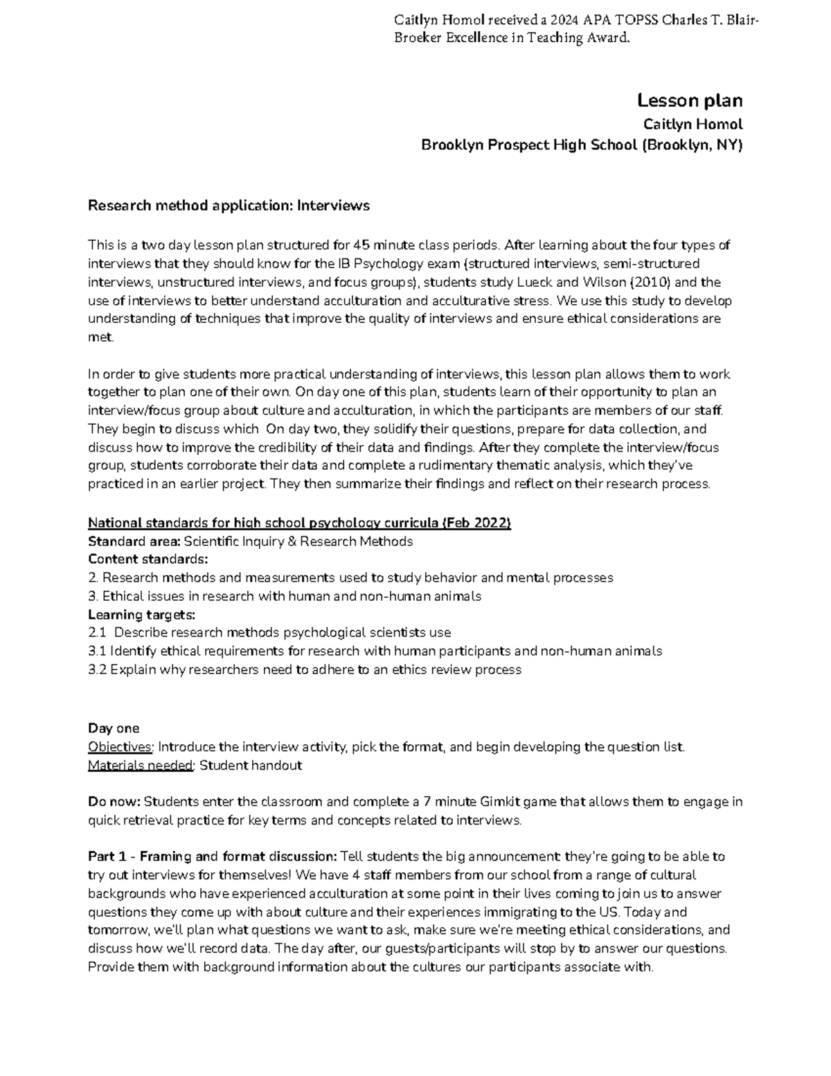 Research Method Application: Interviews Lesson Plan for IB Psychology ...