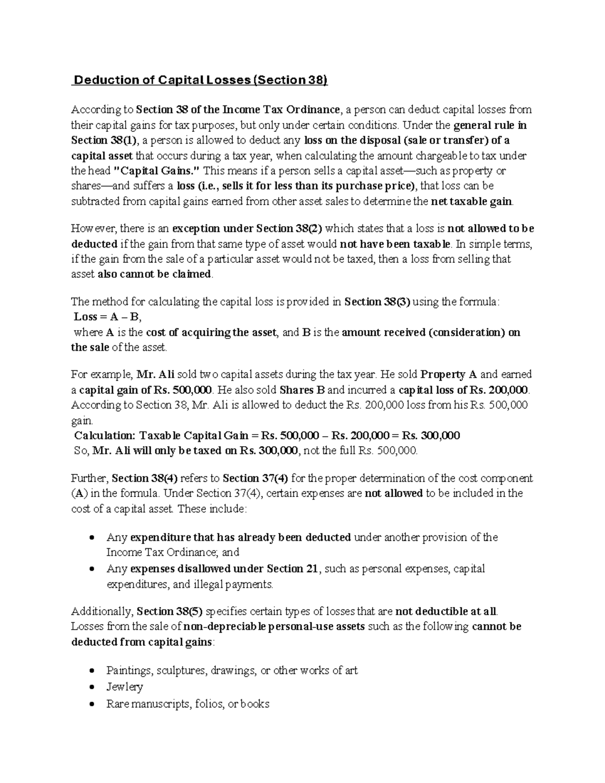 Capital Loss Deductions & Tax Implications (Section 38) - VI Notes ...