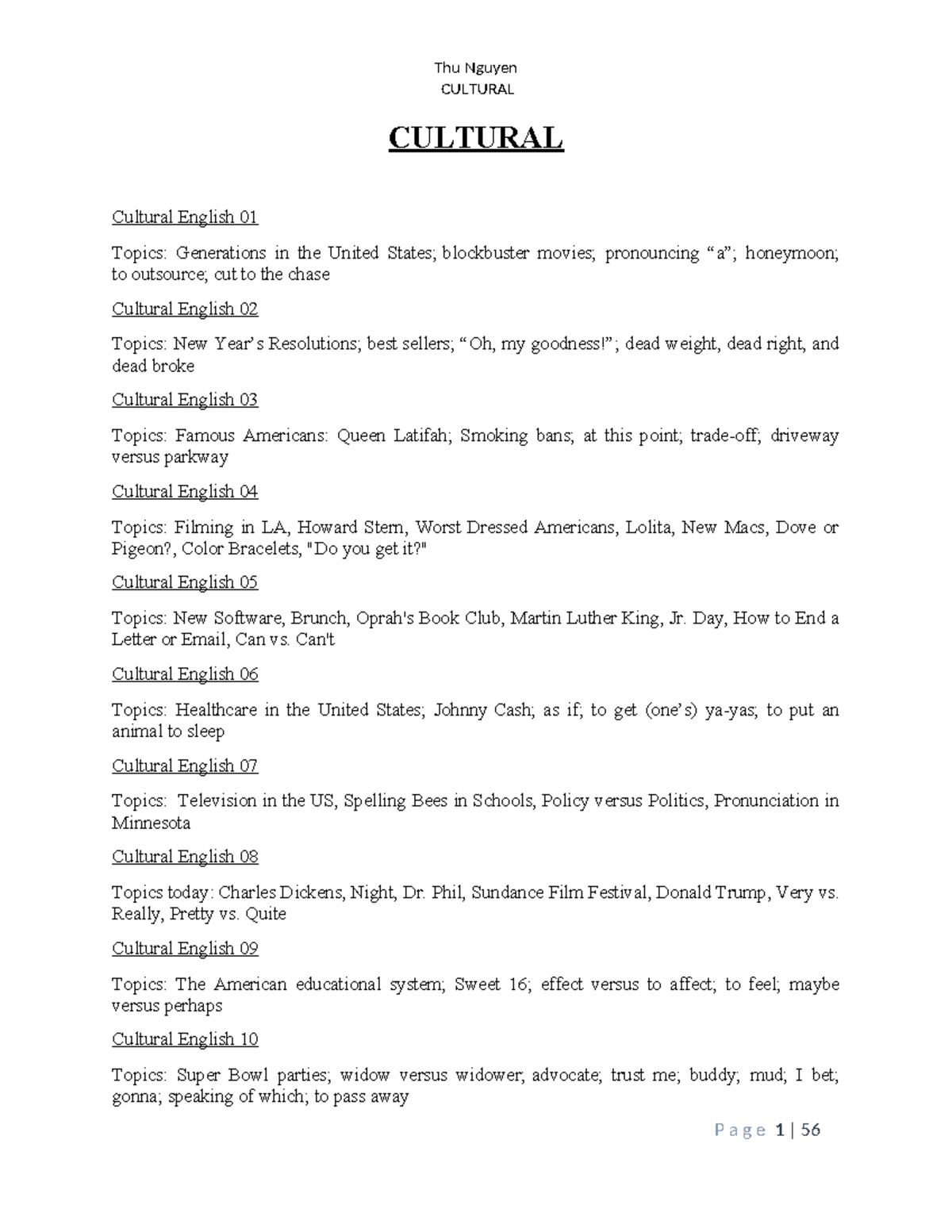 Cultural English 01-216: Topics on American Culture and Language - Studocu