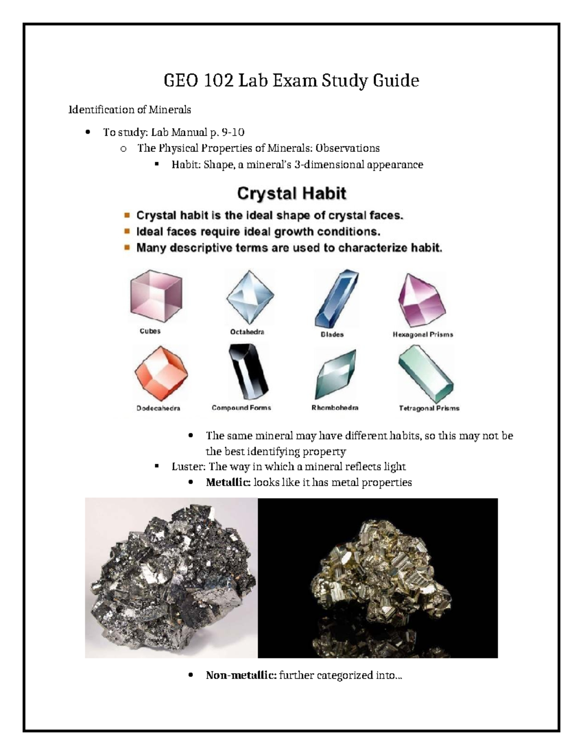 GEO 102 Lab Exam Study Guide: Identifying Minerals & Rocks - Studocu