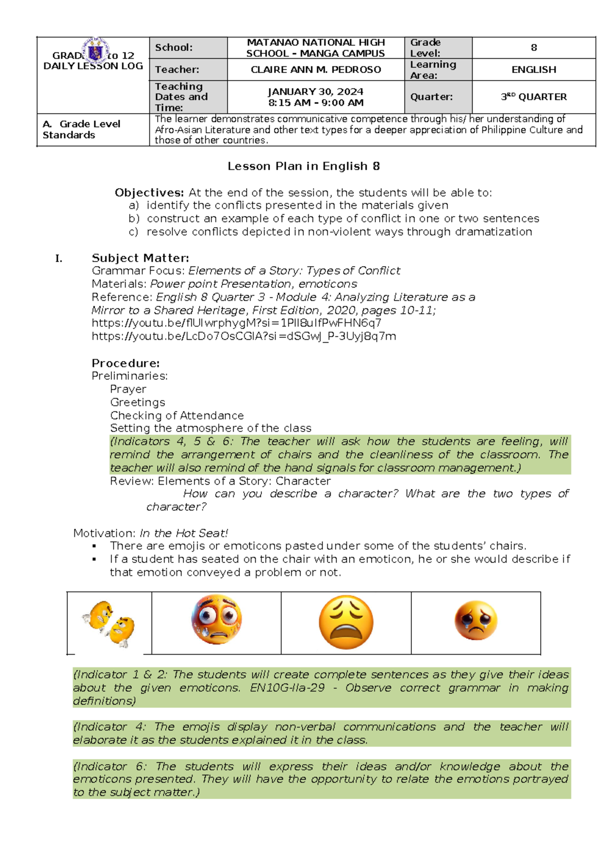 Grade 8 English Lesson Plan: Understanding Types of Conflict - Studocu
