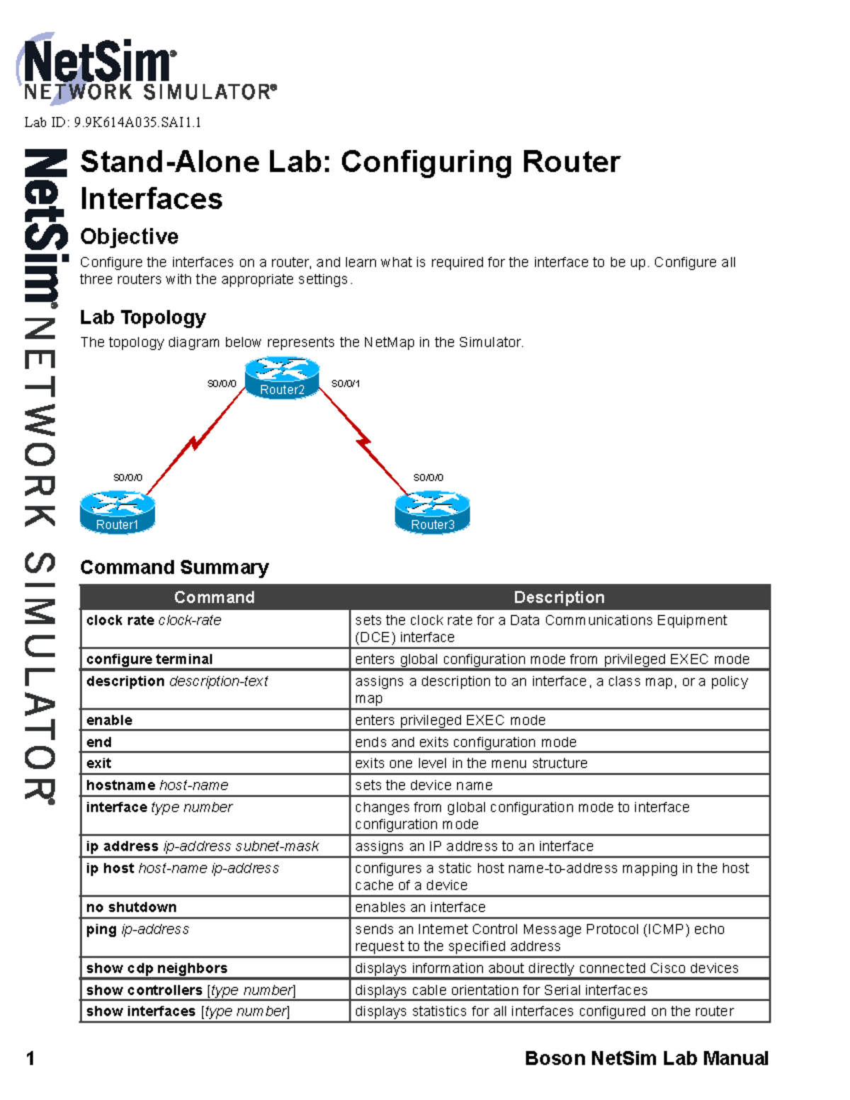 Lab 9.9K614A035.SAI1.1: Configuring Router Interfaces in NetSim - Studocu