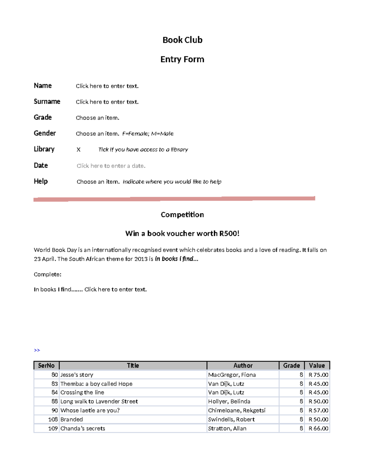 Book Club Entry Form - English Practice Papers - Studocu