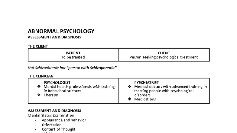 ABNORMAL PSYCHOLOGY ASSESSMENT & DIAGNOSIS: CLIENT REVIEW MB - Studocu