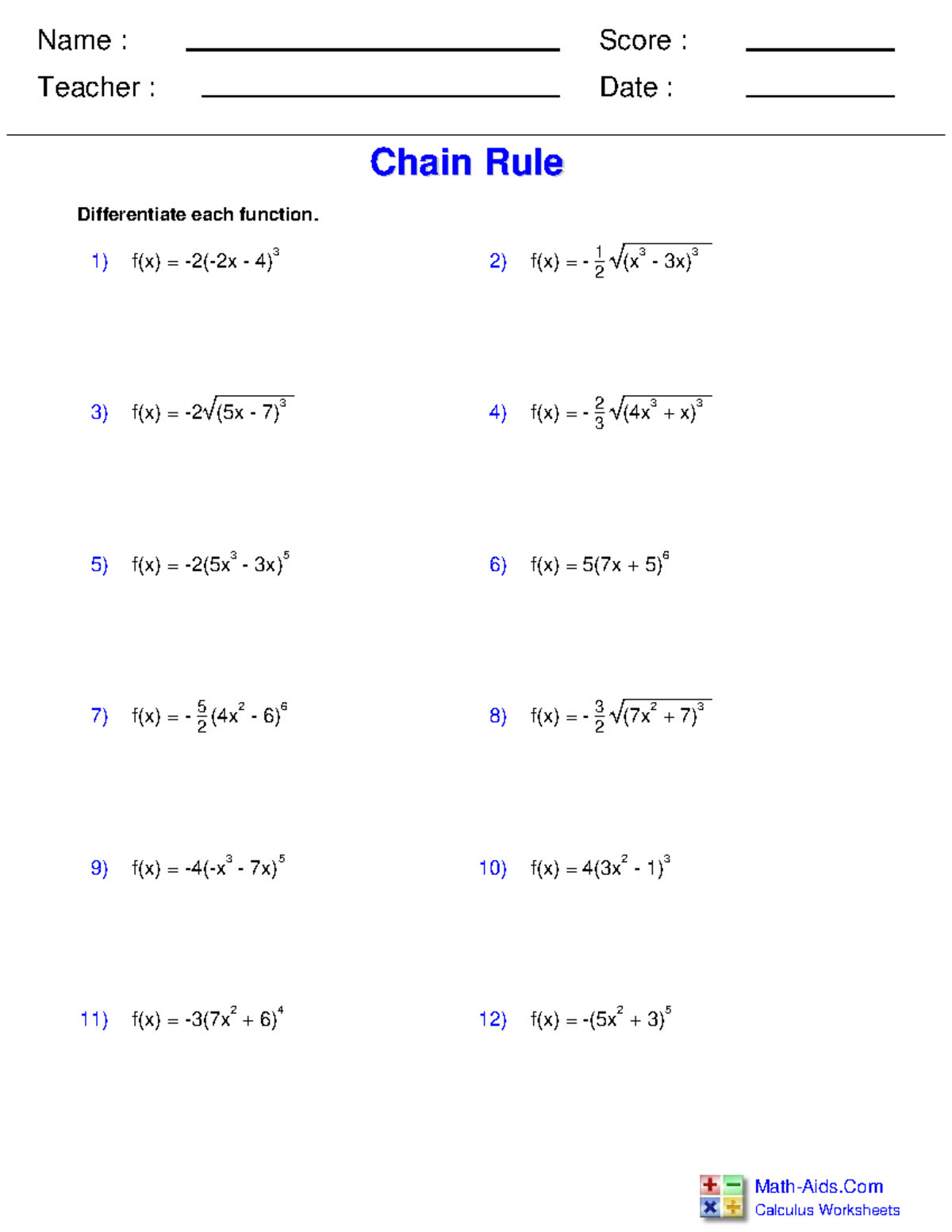 Chain Rule - Derivative Practice for Calculus Worksheets - Studocu