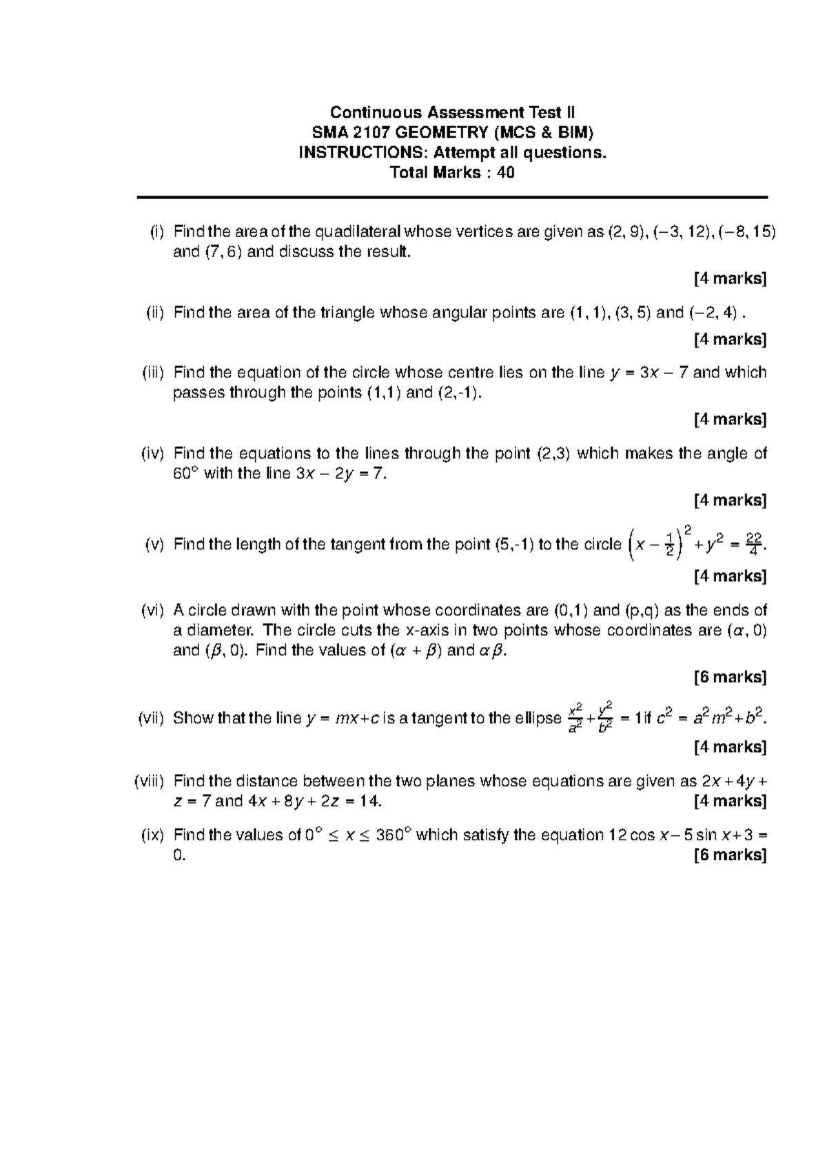 SMA 2107 Continuous Assessment Test II Model Answers on Geometry - Studocu