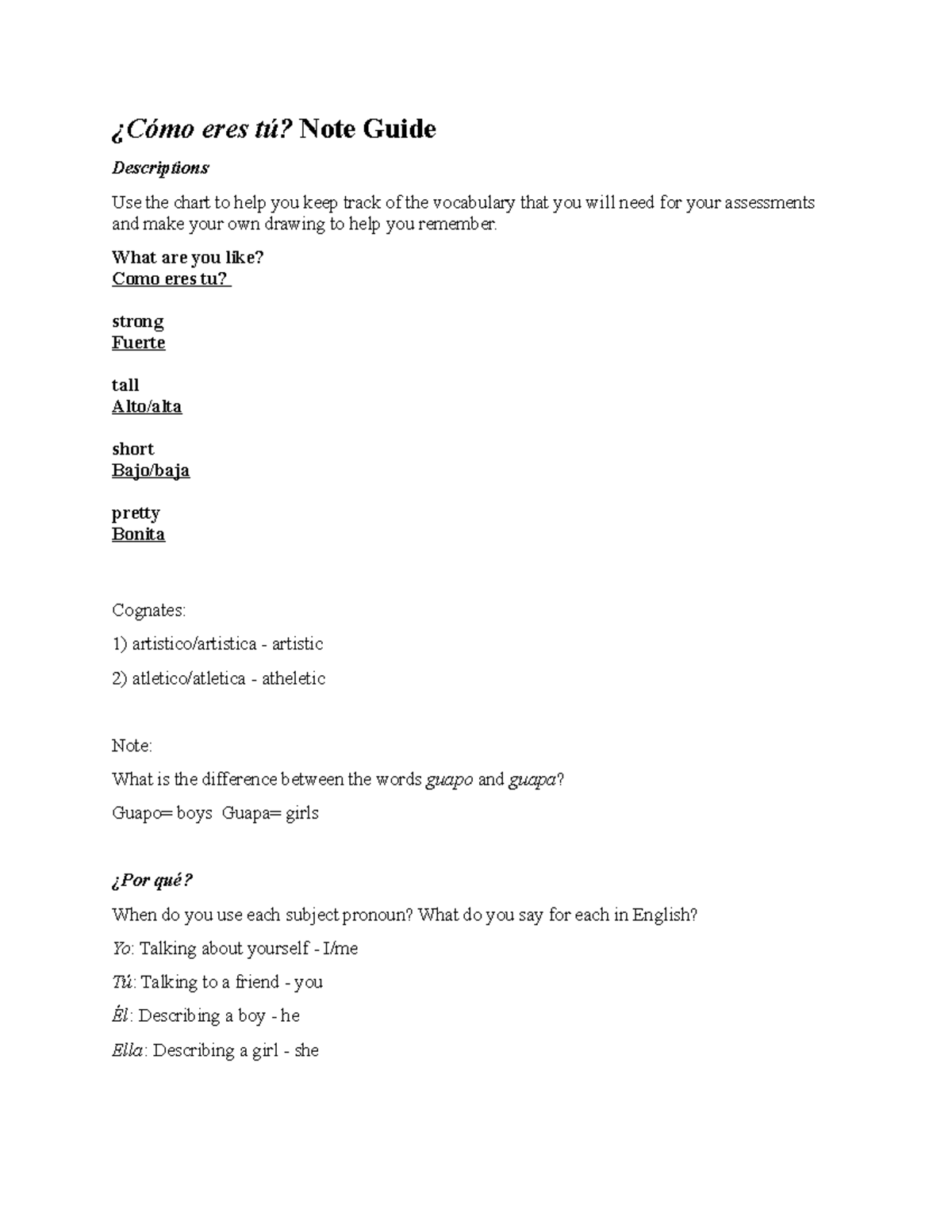 Como eres tu noteguide - ¿Cómo eres tú? Note Guide Descriptions Use the ...