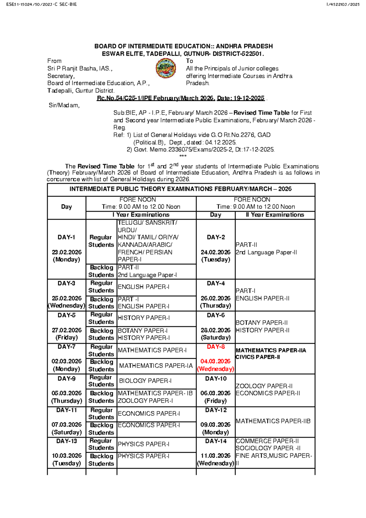 BIE AP I.P.E March 2026 Revised Time Table for Inter Exams - Studocu